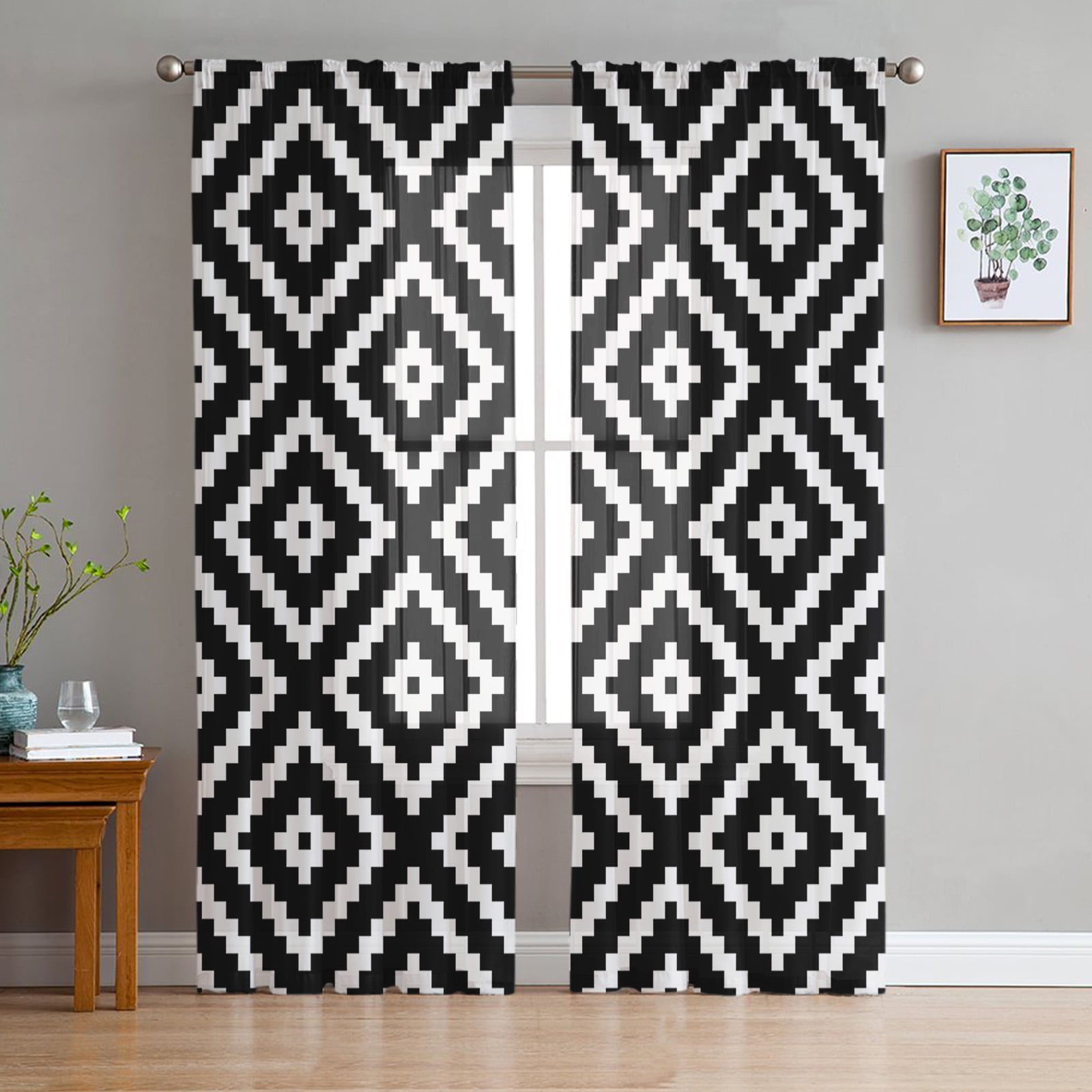 Geometric Square Texture Black Sheer Voile Curtain for Living Room ...