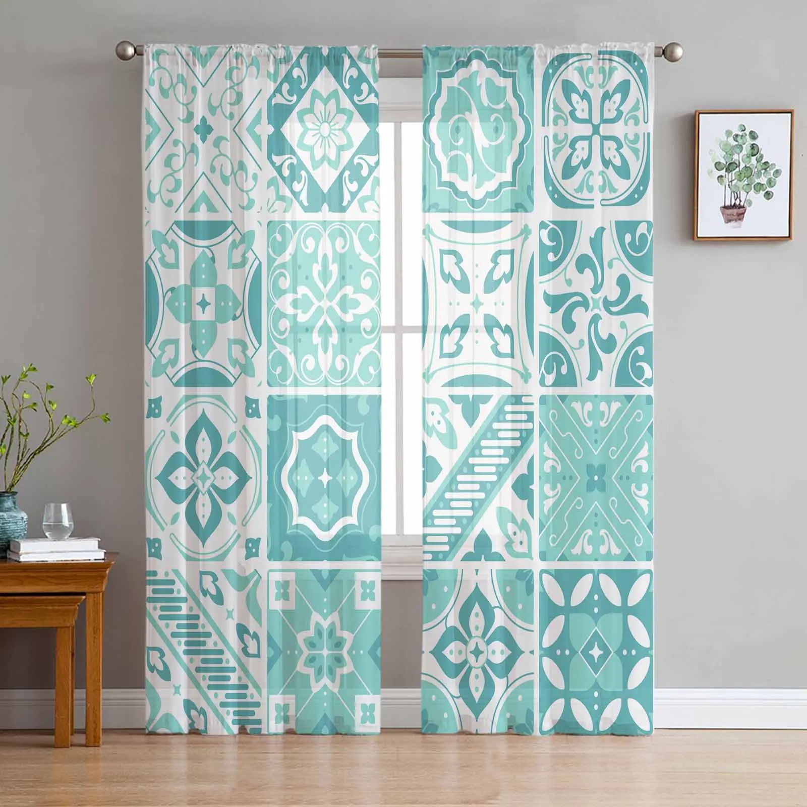 Geometric Square Texture Black White Sheer Curtains for Living Room ...