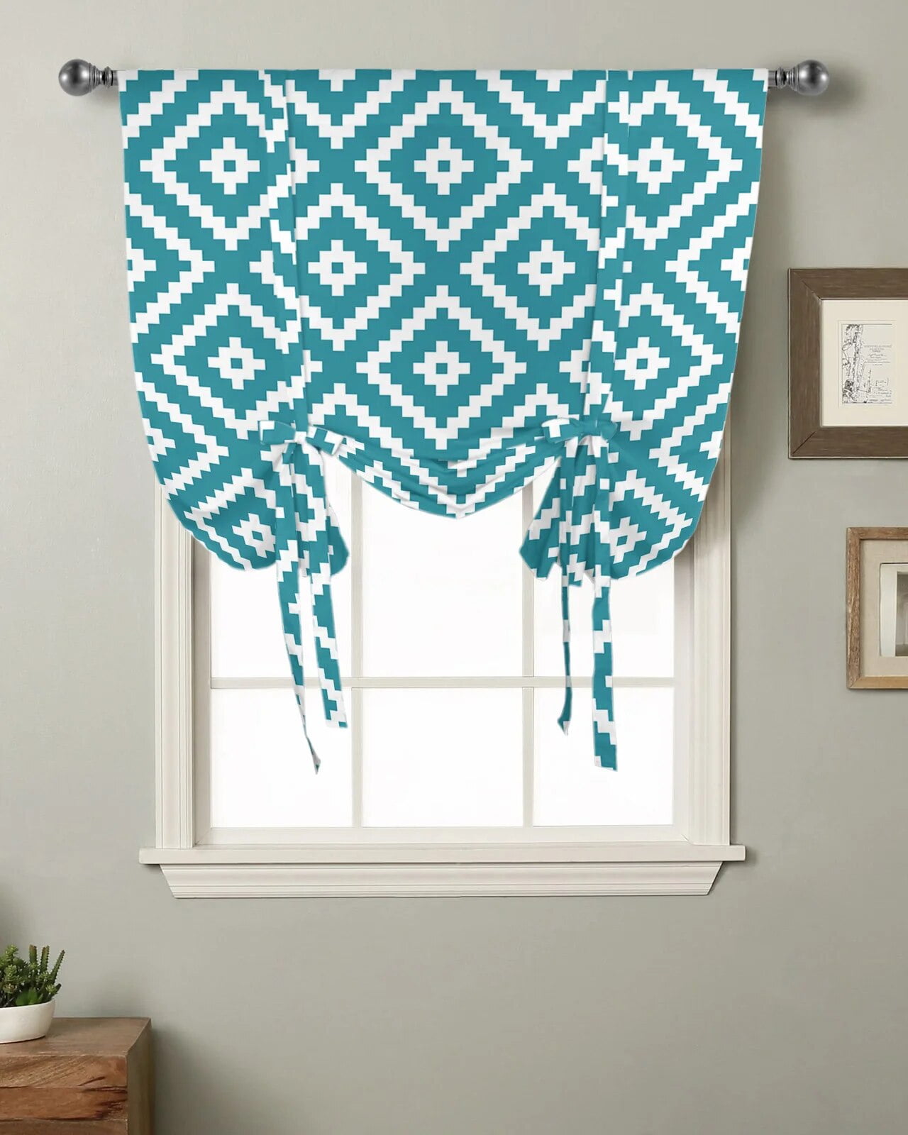 Geometric Square Texture Blue Kitchen Short Window Curtain Rod Pocket ...
