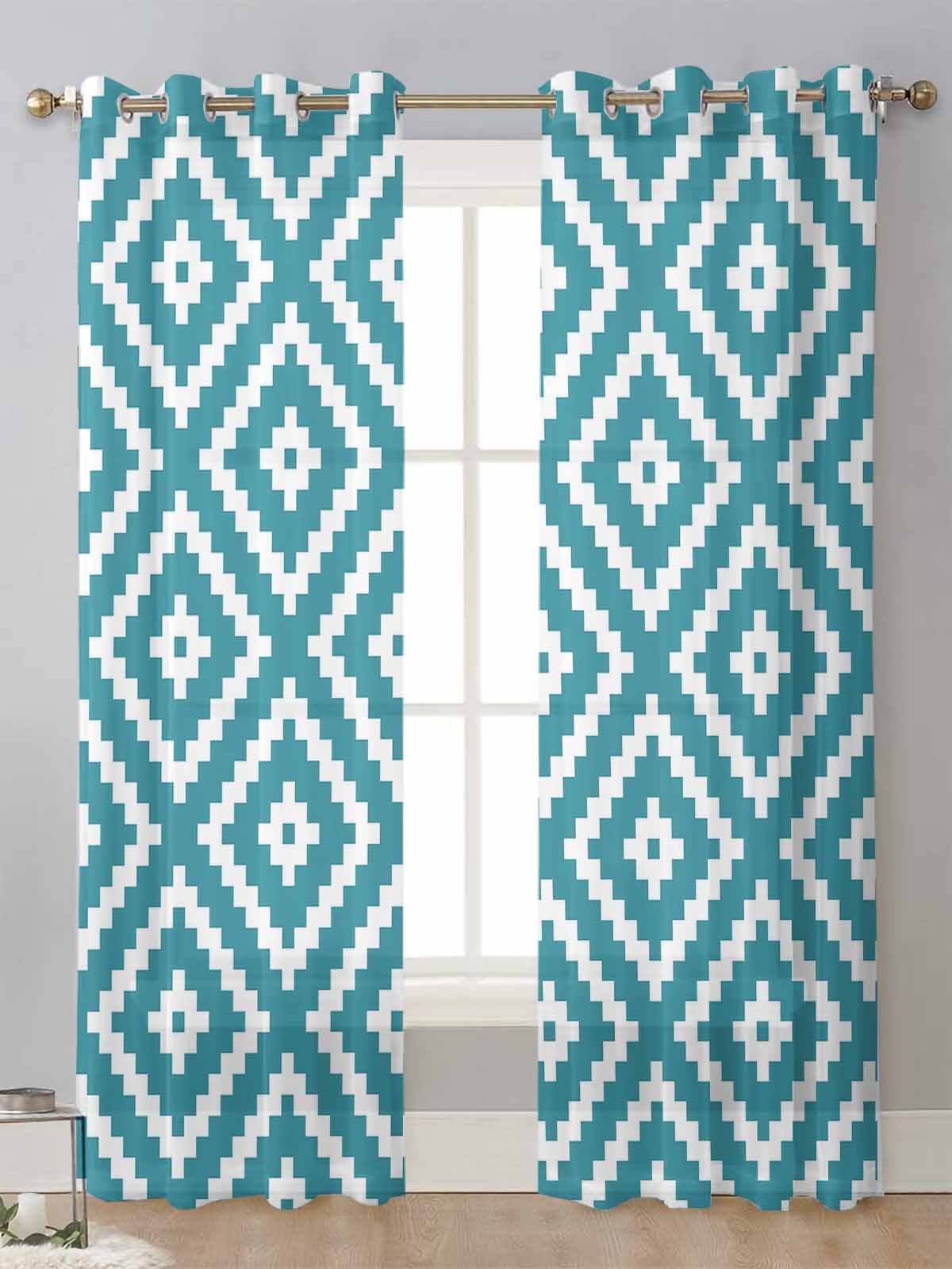 Geometric Square Texture Blue Sheer Curtains For Living Room Window ...