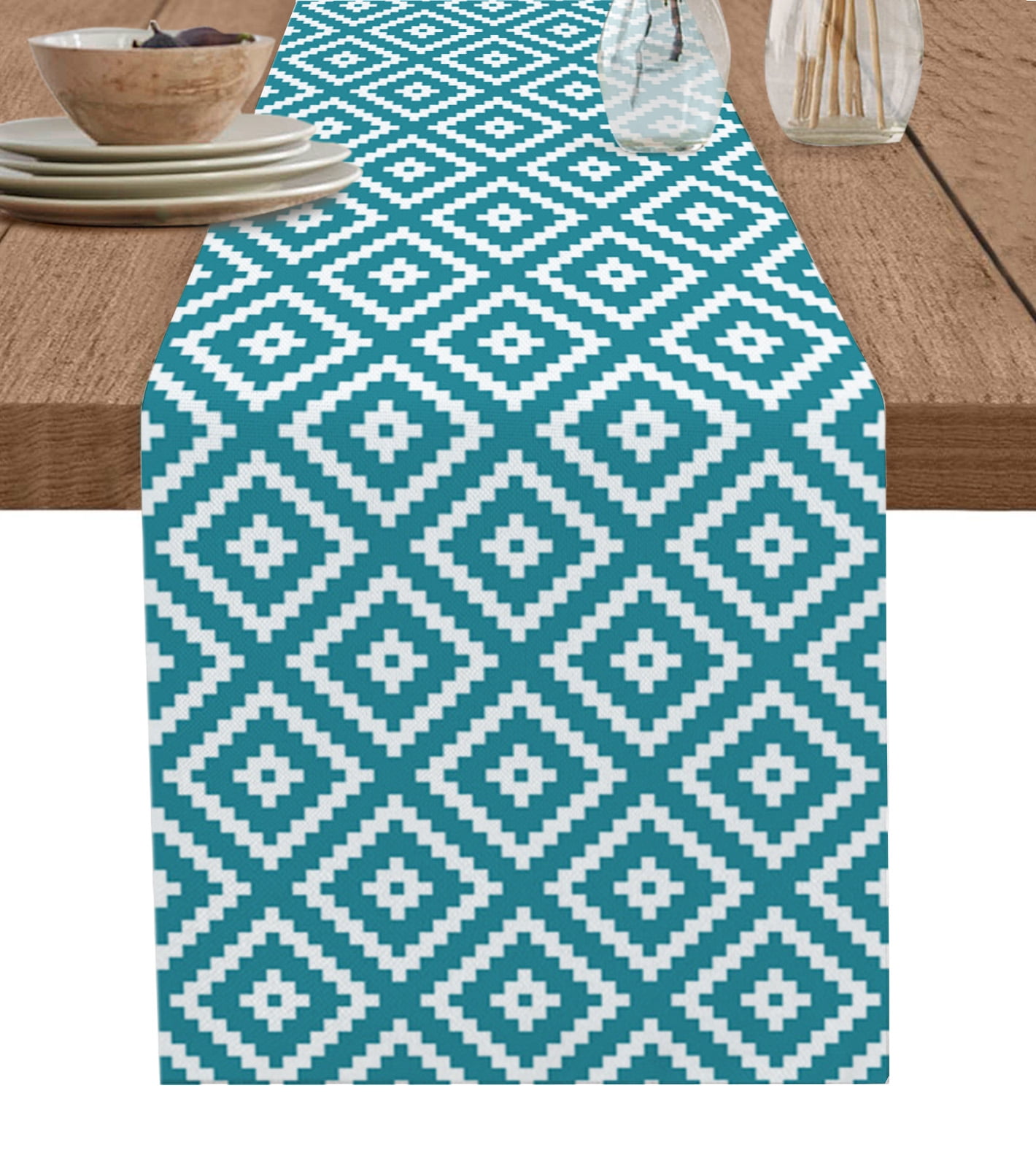 Geometric Square Texture Blue Table Runner Country Wedding ration ...