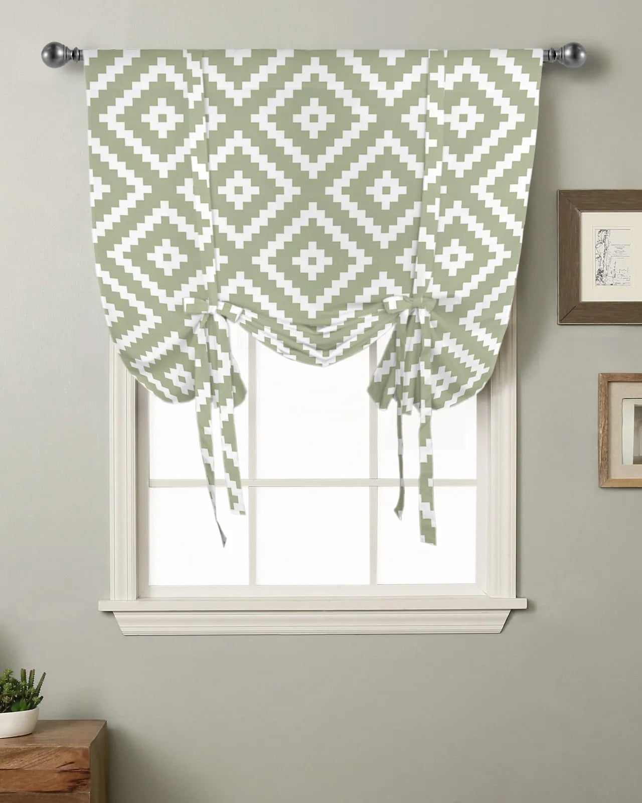 Geometric Square Textured Sage Green Kitchen Short Window Curtain ...