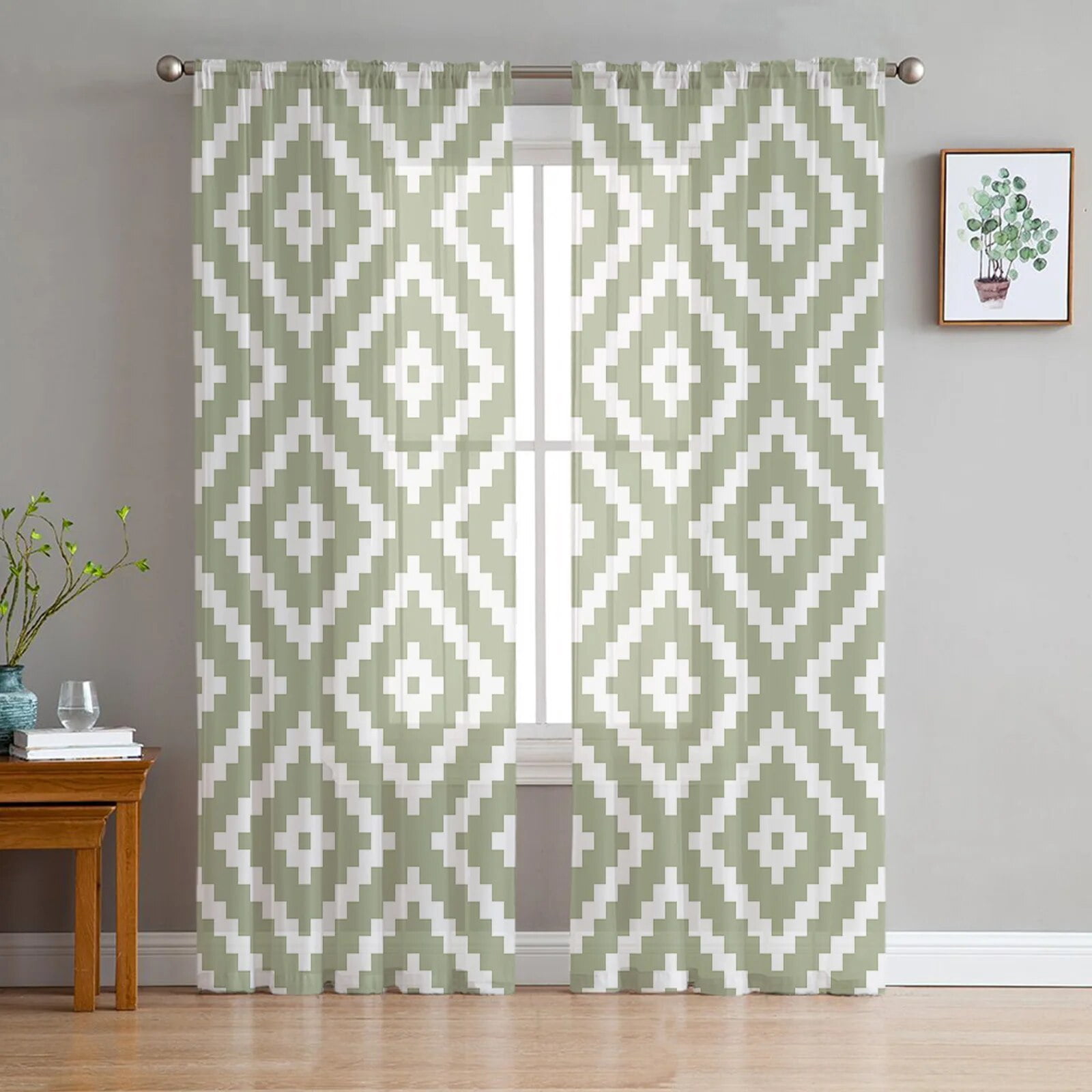 Geometric Square Textured Sage Green Tulle Window Treatment Sheer ...