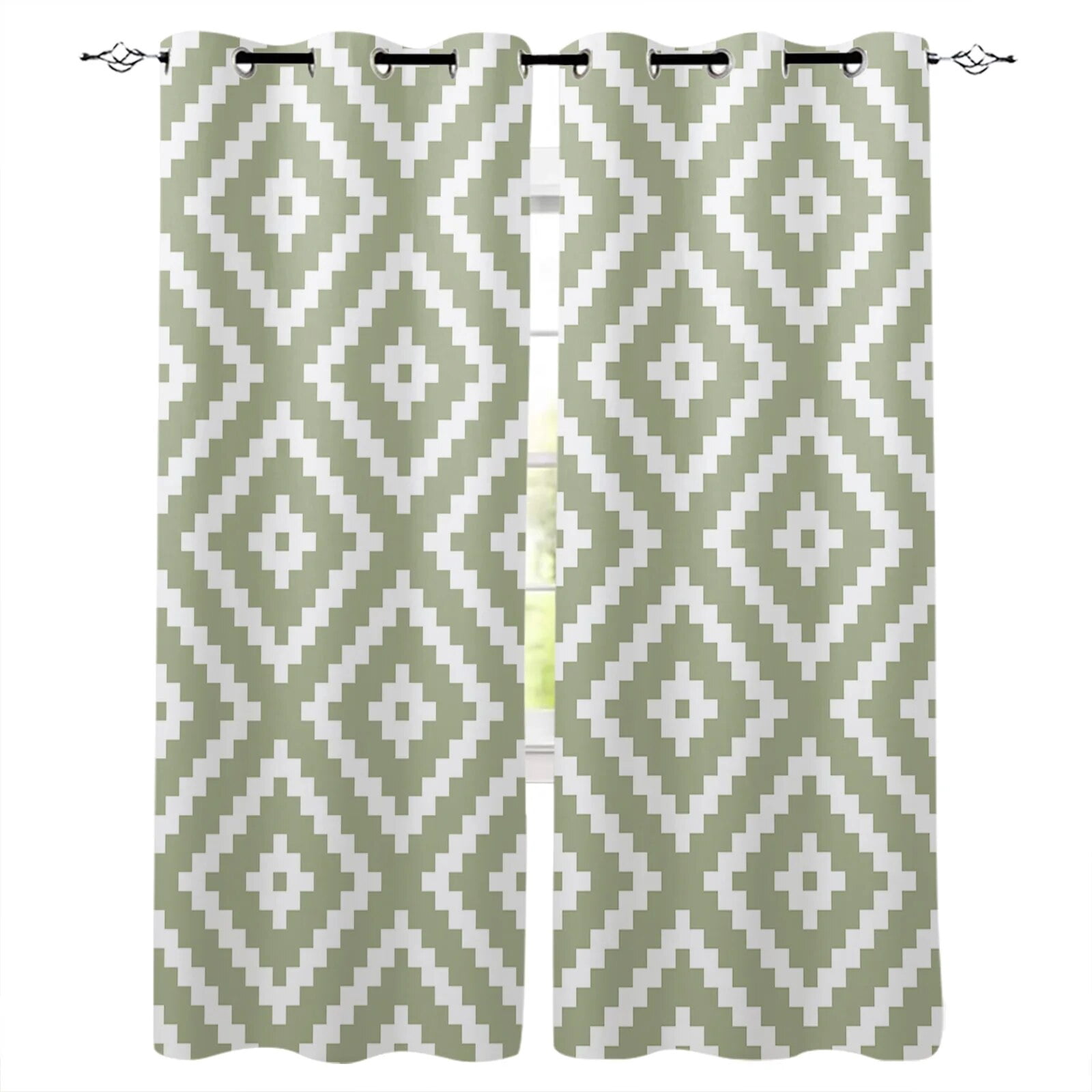 Geometric Square Textured Sage Green Window Curtains for Living Room ...