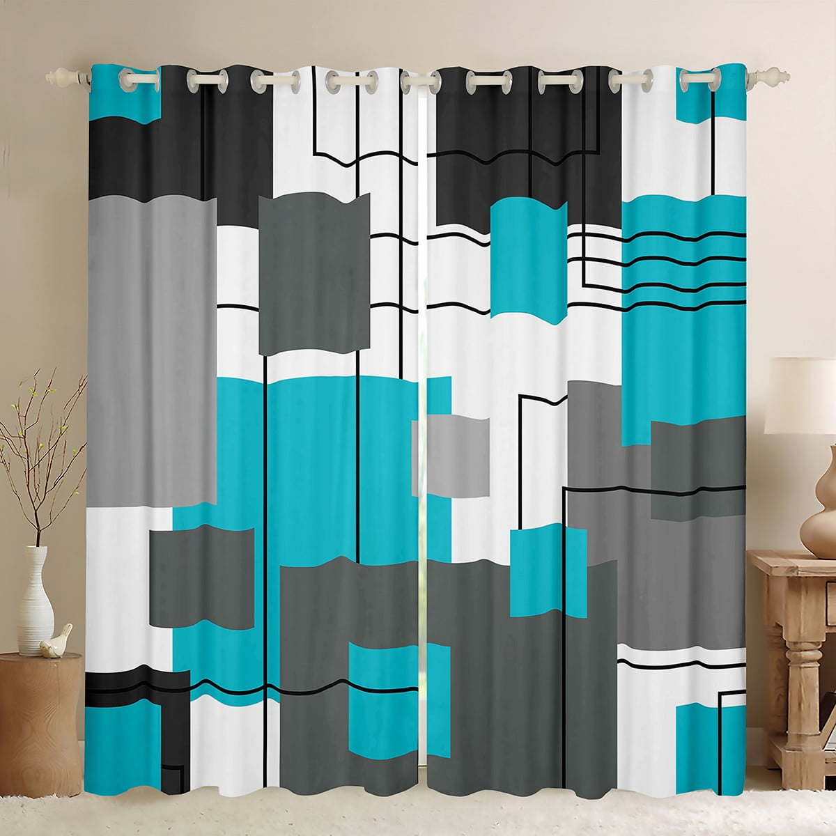 Geometric Square Window Curtains 38"Wx45"L Teal Grey Blackout Curtains ...