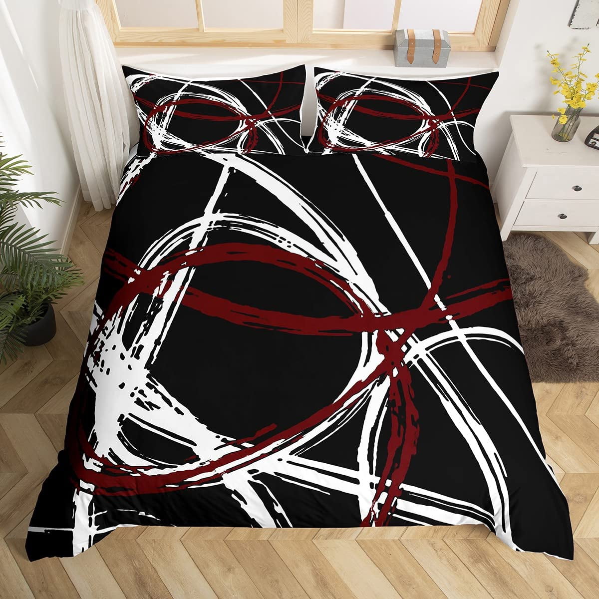 Geometric Squares Duvet Cover Set Red Beige Circle Bedding Set Modern ...