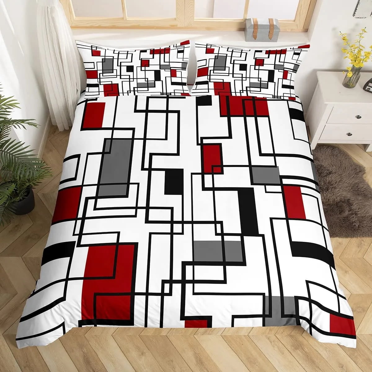 Geometric Squares Duvet Cover Set Red Beige Circle Bedding Set Modern ...