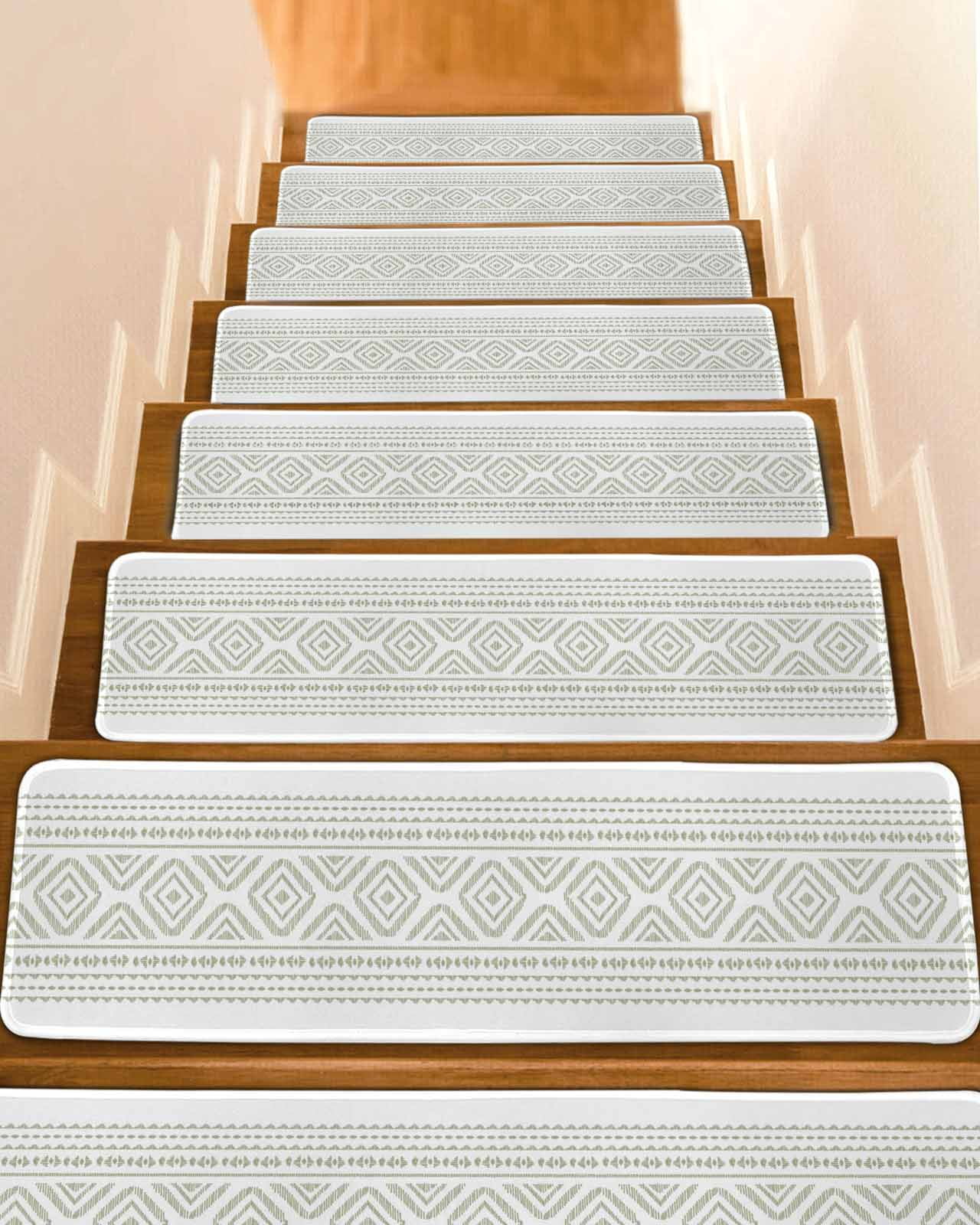 Geometric Stair Treads for Wooden Steps Indoor Runner Rug Carpet, Sage ...