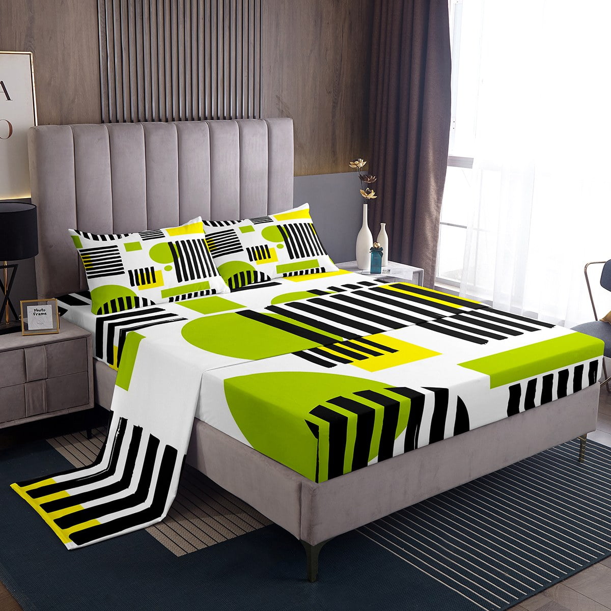 Geometric Stripe Circle Square Queen Sheet Set Modern Mid Century ...