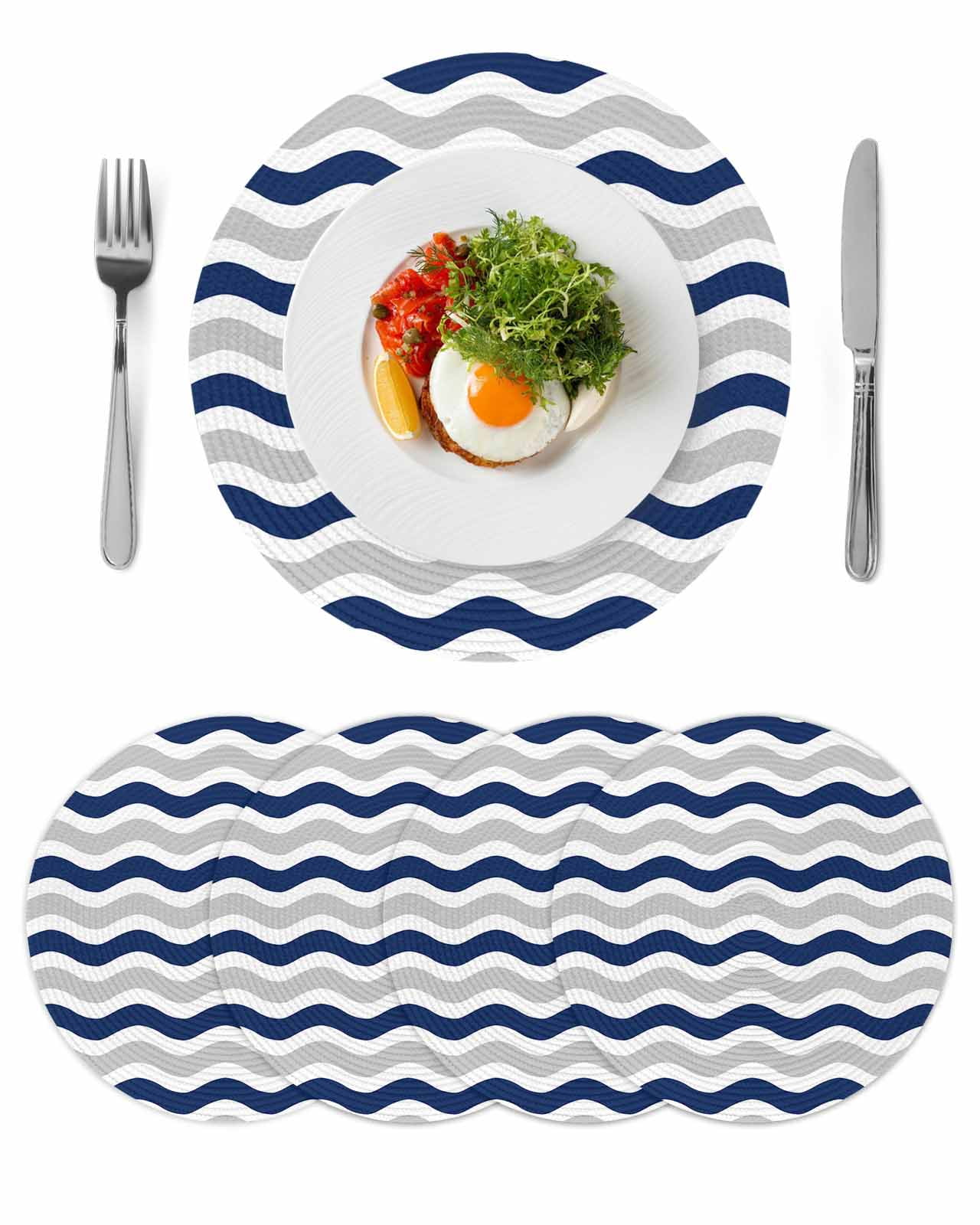 Geometric Striped Pattern Round Table Placemats set of 4, Navy Grey ...