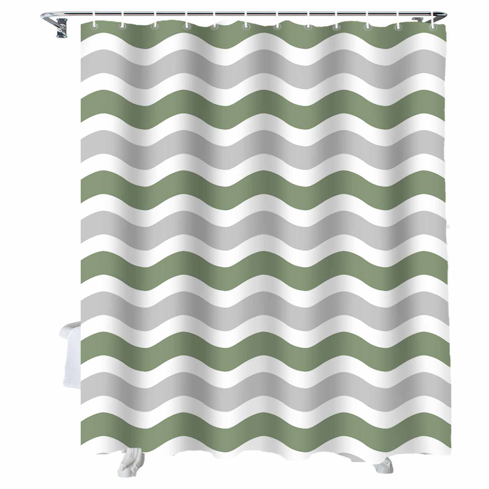 Geometric Striped Pattern Shower Curtain, Sage Green Grey White Wave ...