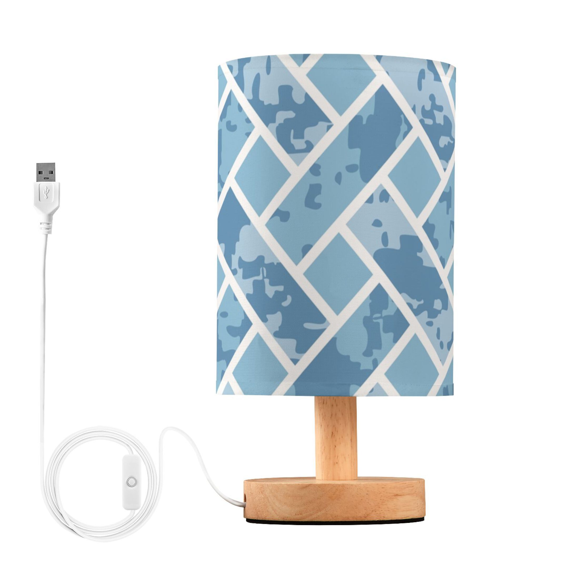 Geometric Stripes Blue Bedside Table Lamp LED Warm Lights with USB ...