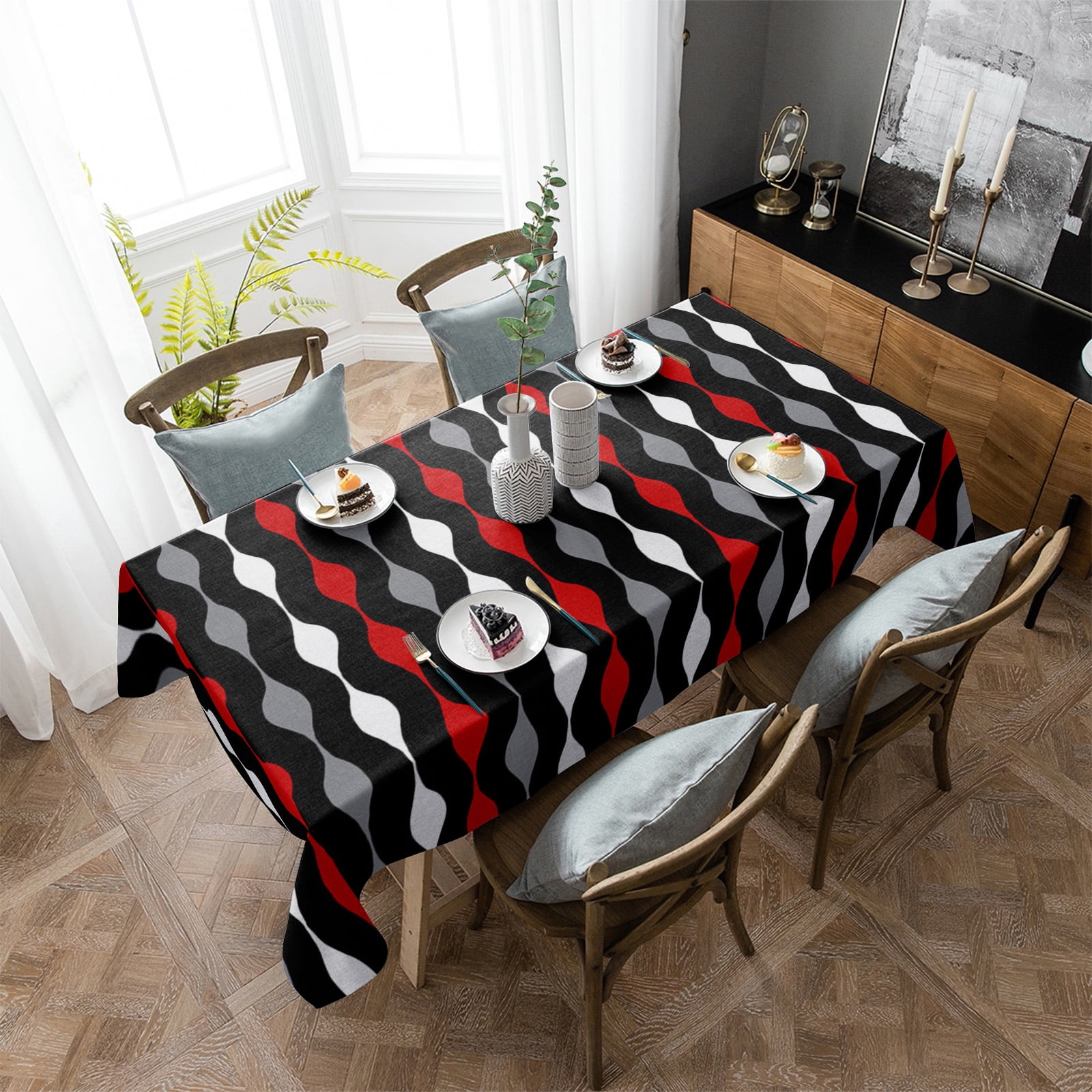 Geometric Stripes Red Black White Tablecloths for Dining Table ...