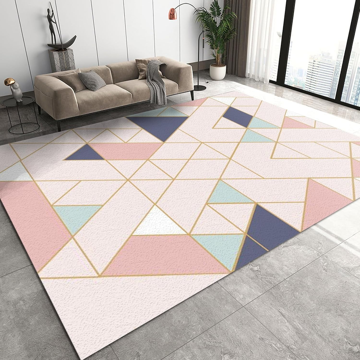 Geometric Style Area Rugs, Pink Blue Triangle Pattern Hallway Carpet ...