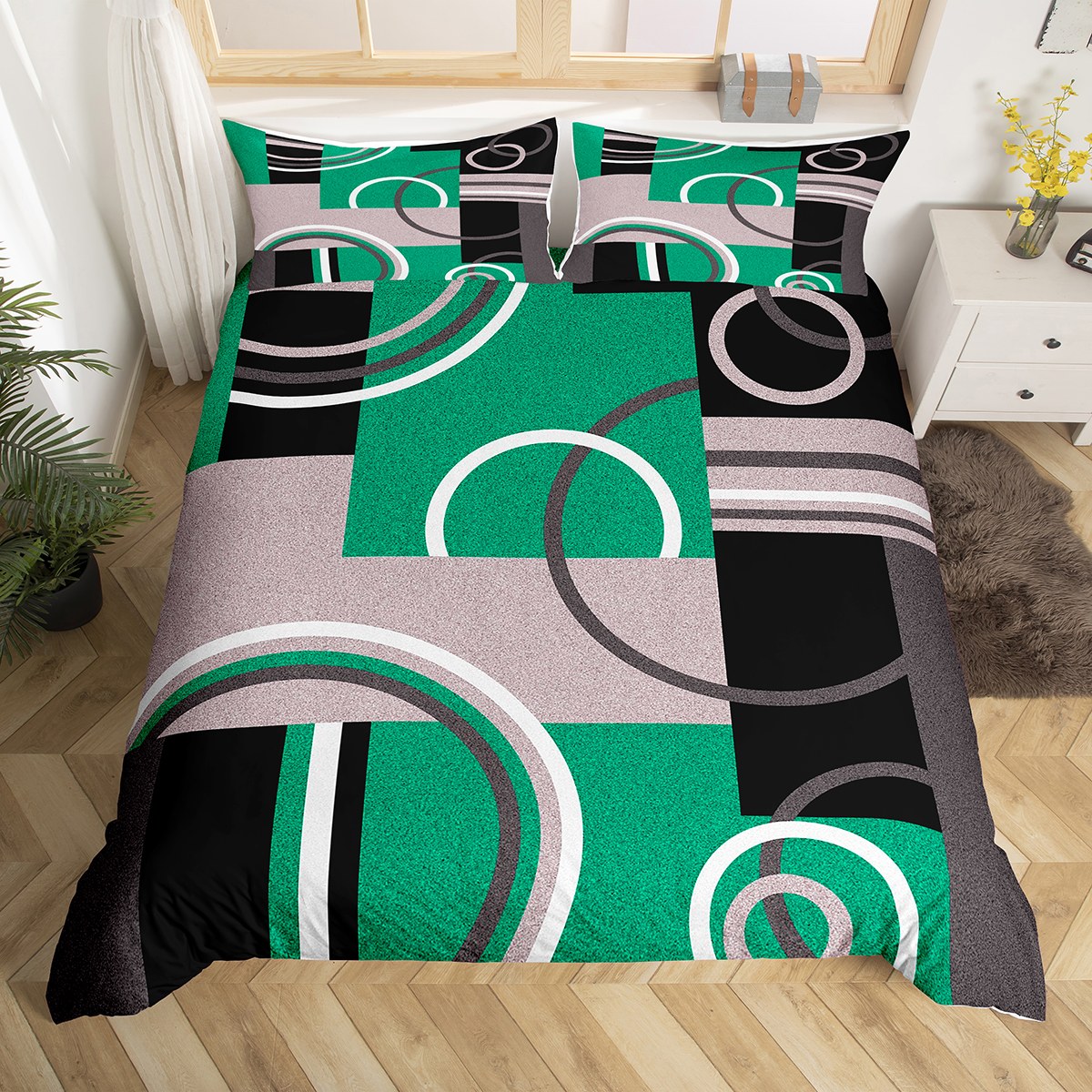 Geometric Swirls Bedding Set Twin Olive Green Black Gray Square Duvet ...