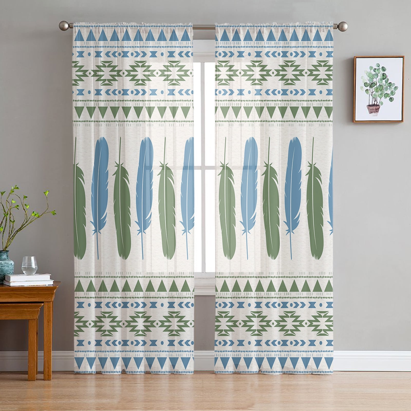 Geometric Symbols Retro Medieval Feathers Voile Sheer Curtains Living ...