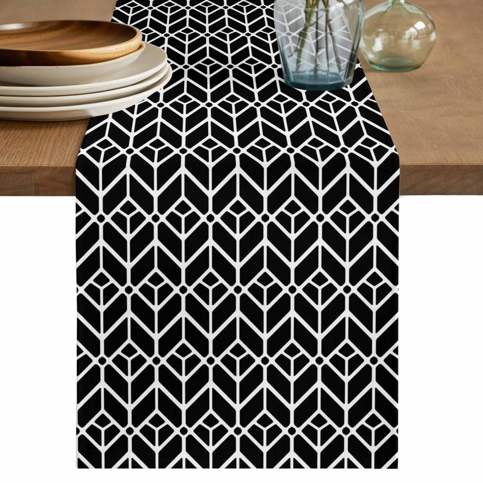 Geometric Table Runner 72 Inches, Modern Abstract Lines Texture Black ...