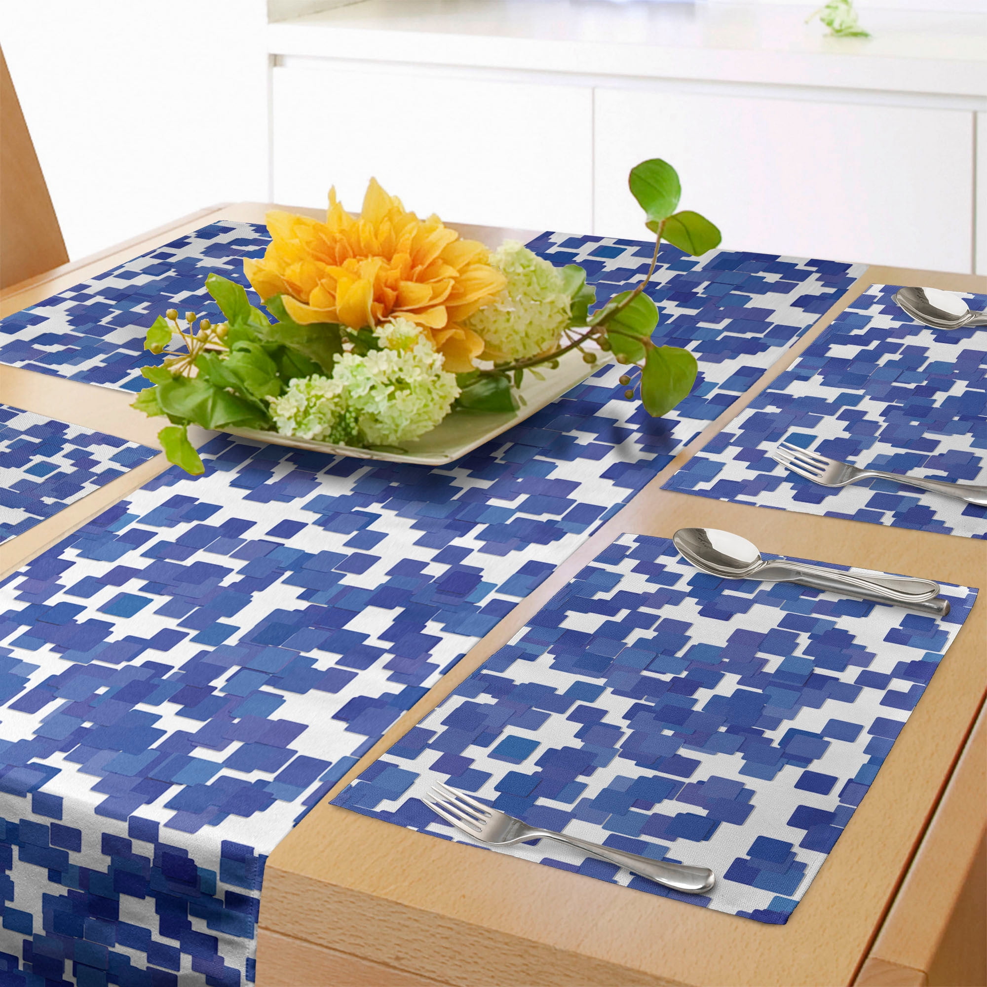 Geometric Table Runner & Placemats, Scattered Monotone Squares on a ...