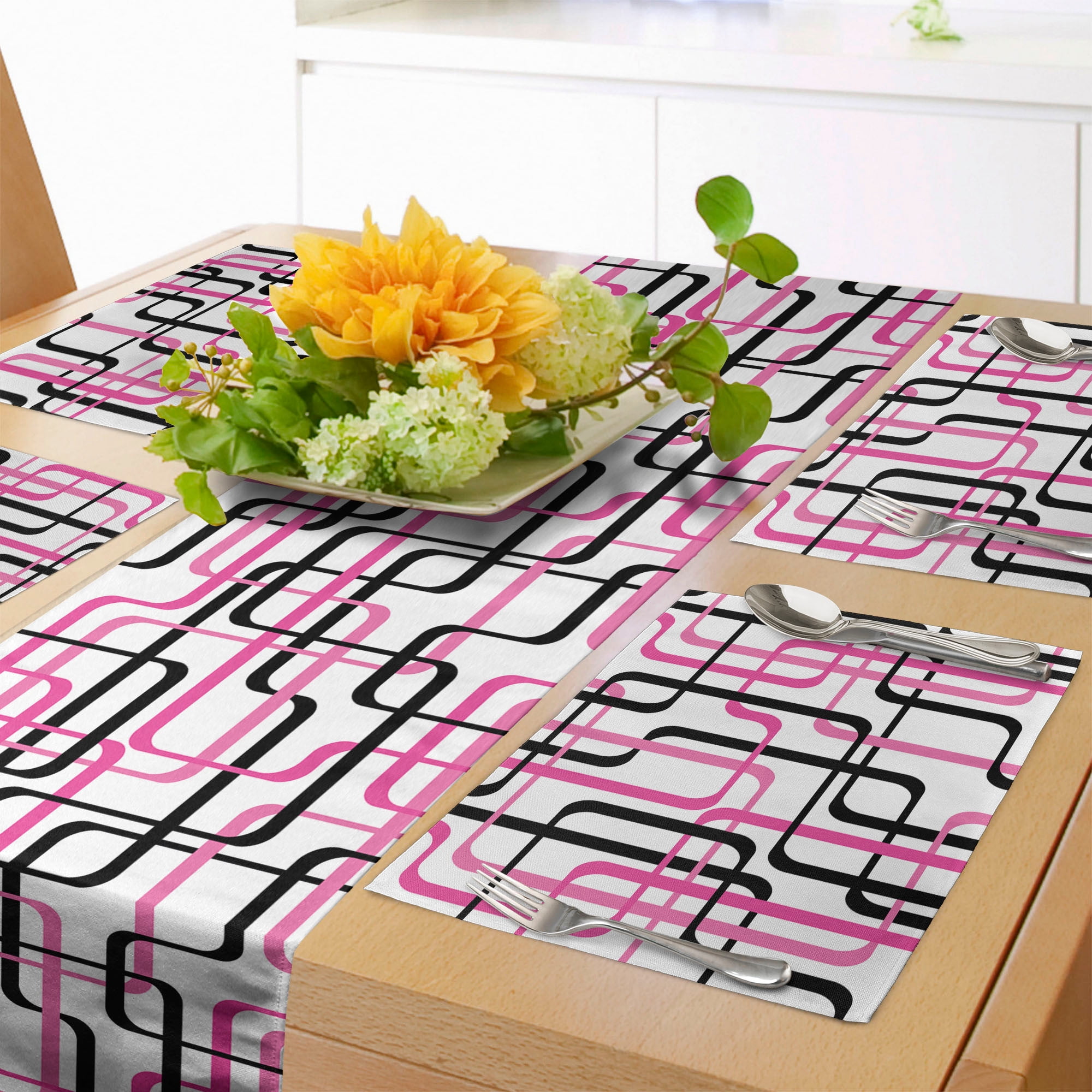 Geometric Table Runner & Placemats, Sixties Inspired Wavy Lines Vibrant ...