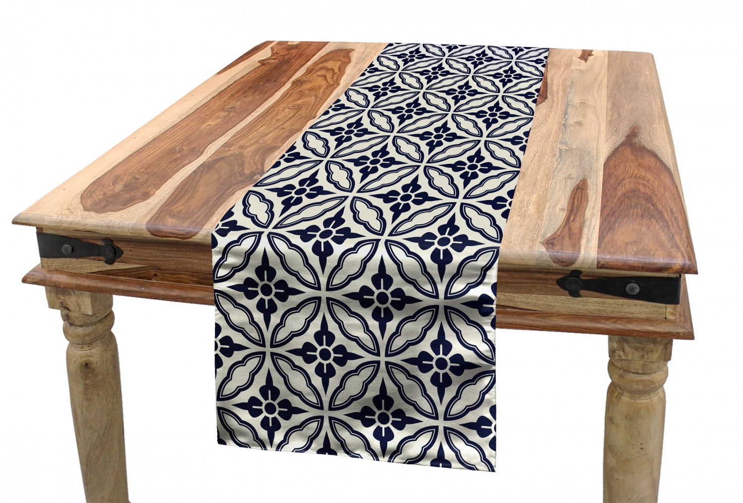 Geometric Table Runner, Symmetrical Circular Pattern Floral Elements ...