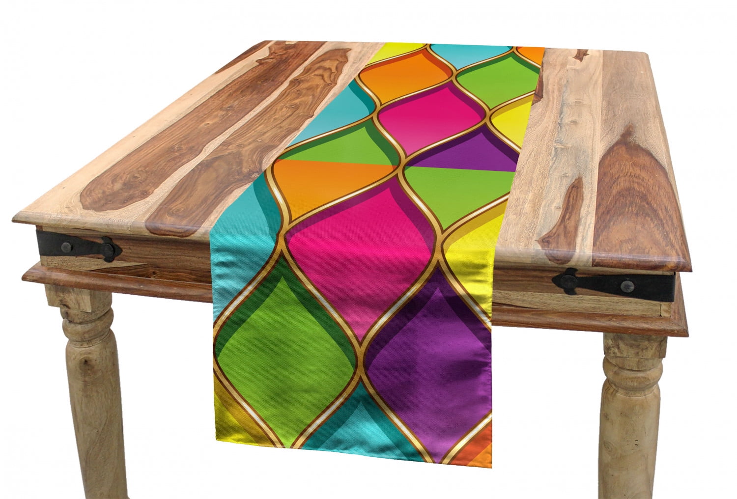 Geometric Table Runner, Vivid Colored Stained Glass Style Pattern Wavy ...