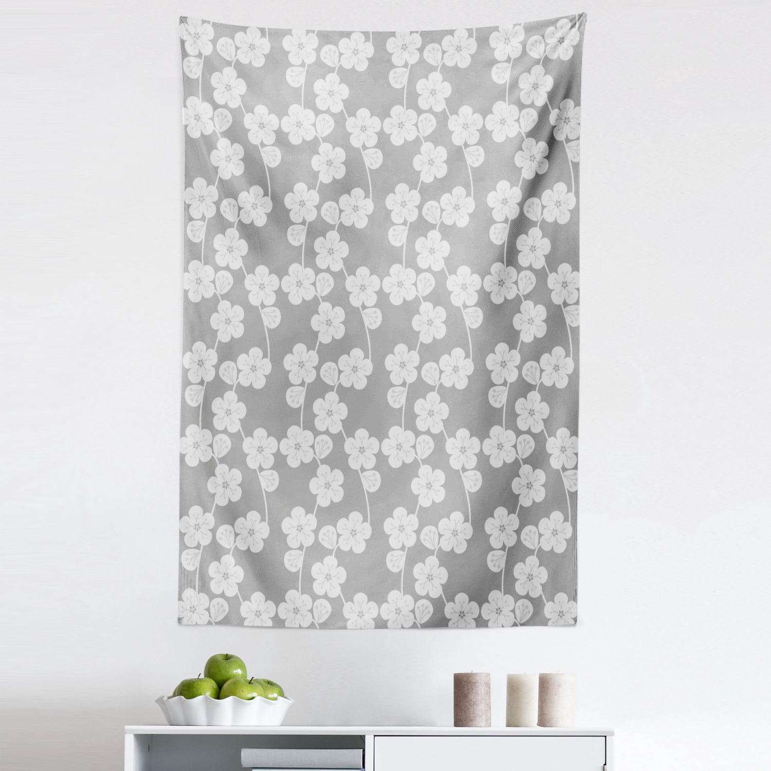 Geometric Tapestry, Flower Patterned Monochrome Image Petals Bud and ...