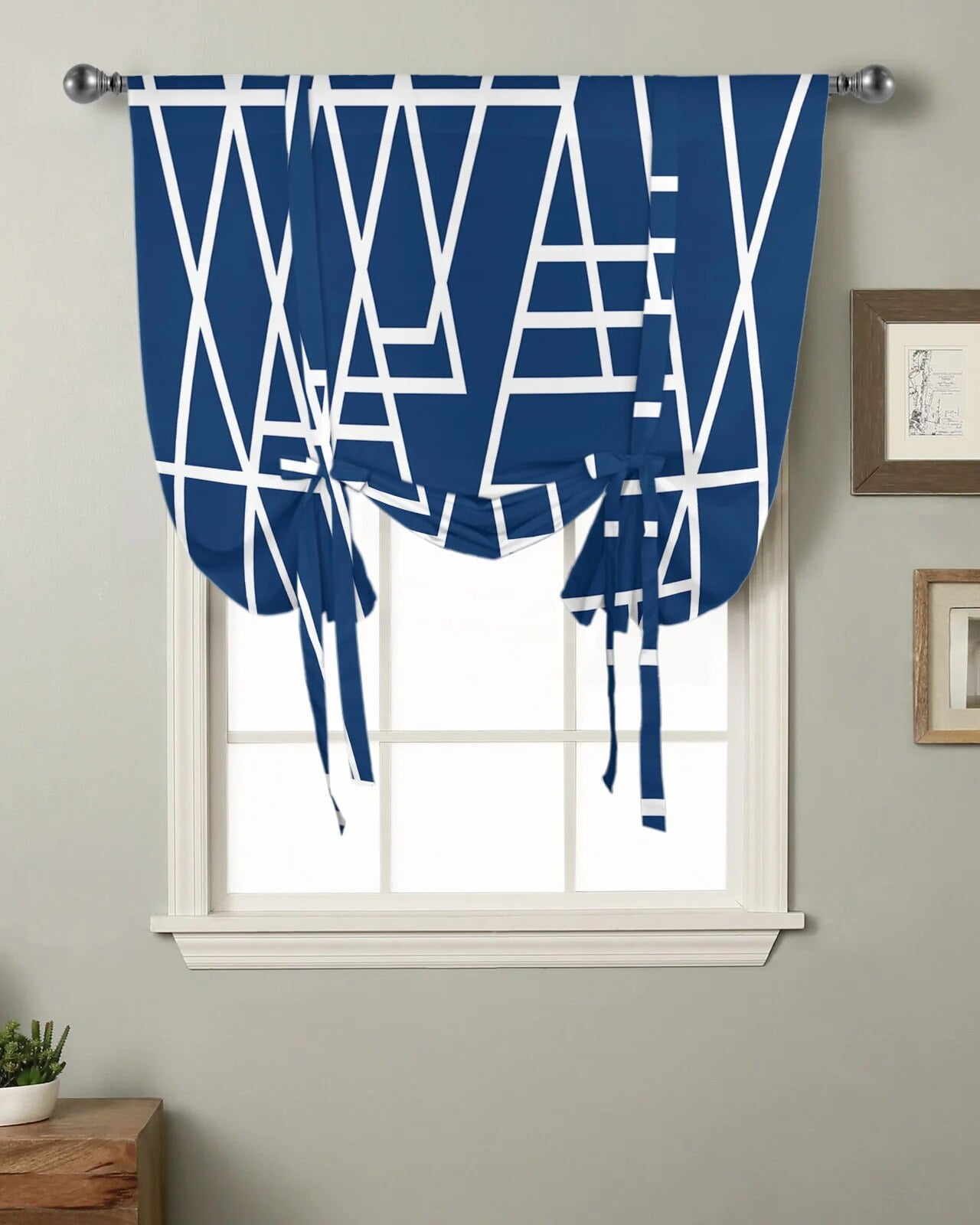 Geometric Texture Blue Kitchen Short Window Curtain Rod Pocket Curtains ...