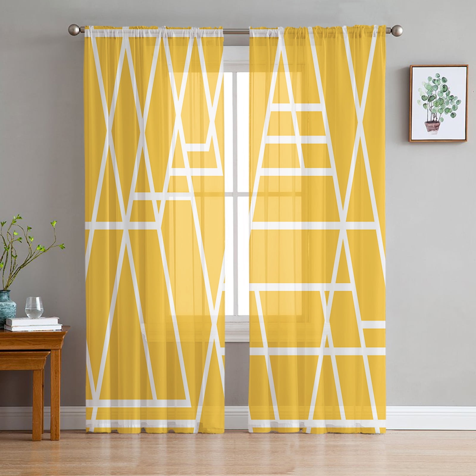 Geometric Texture Graphic Yellow Sheer Tulle Home ration Living Room ...