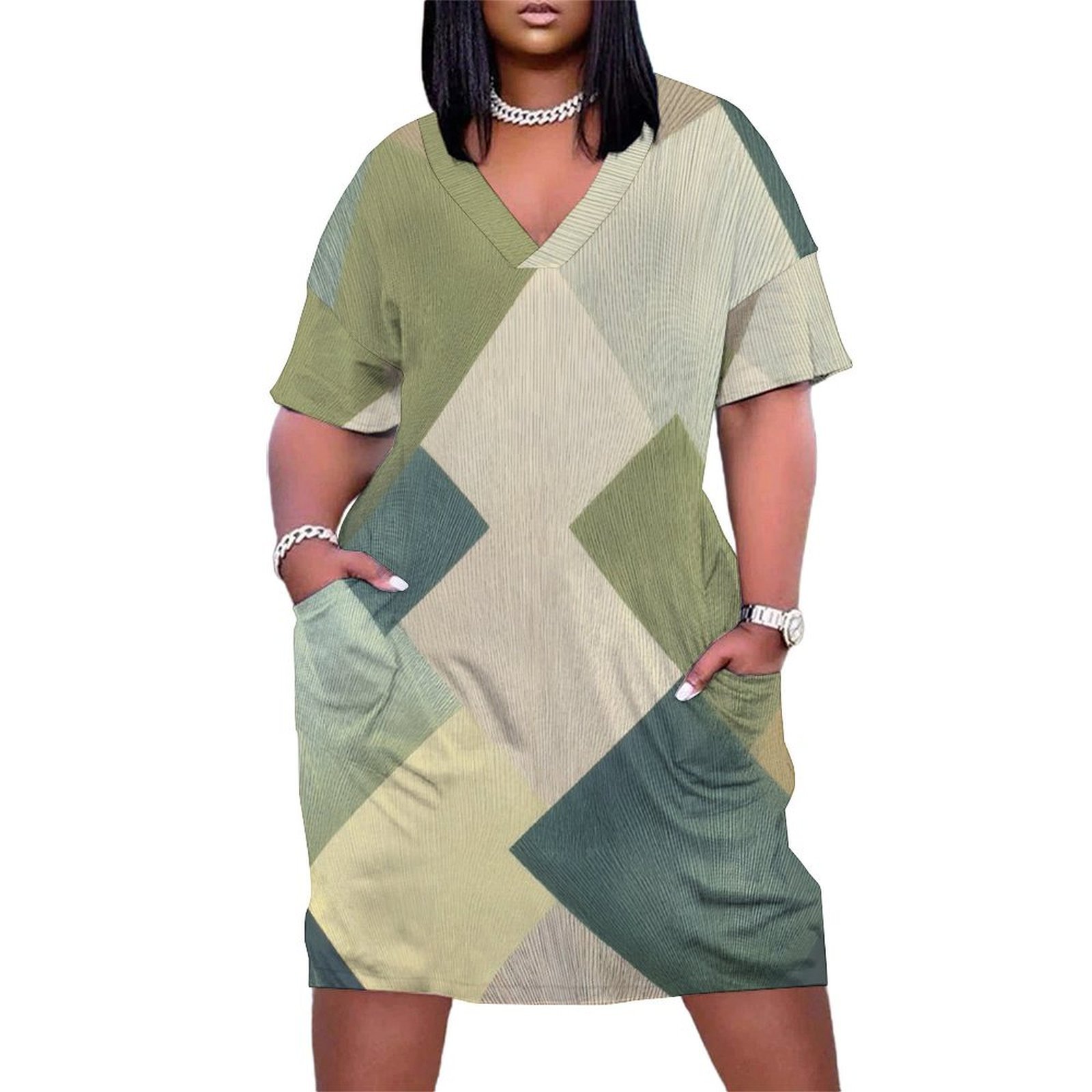 Geometric Textured Green Wallpaper Loose Pocket Dress Dresses Summer ...