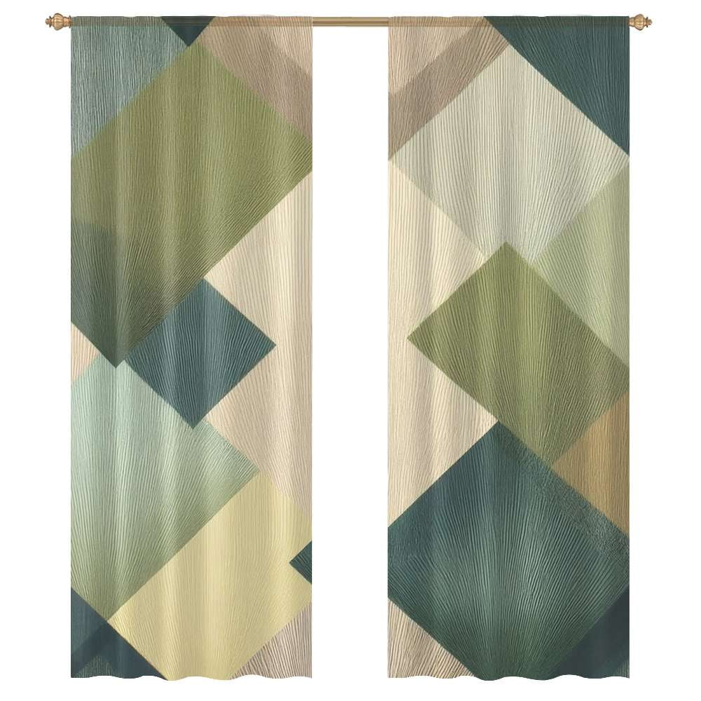 Geometric Textured Green Wallpaper Tulle Curtains For Living Room ...