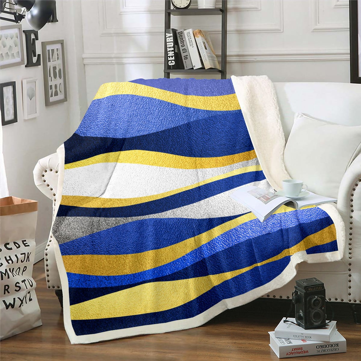 Geometric Throw Blanket Navy Blue Gold Stripes Geometry Abstract ...