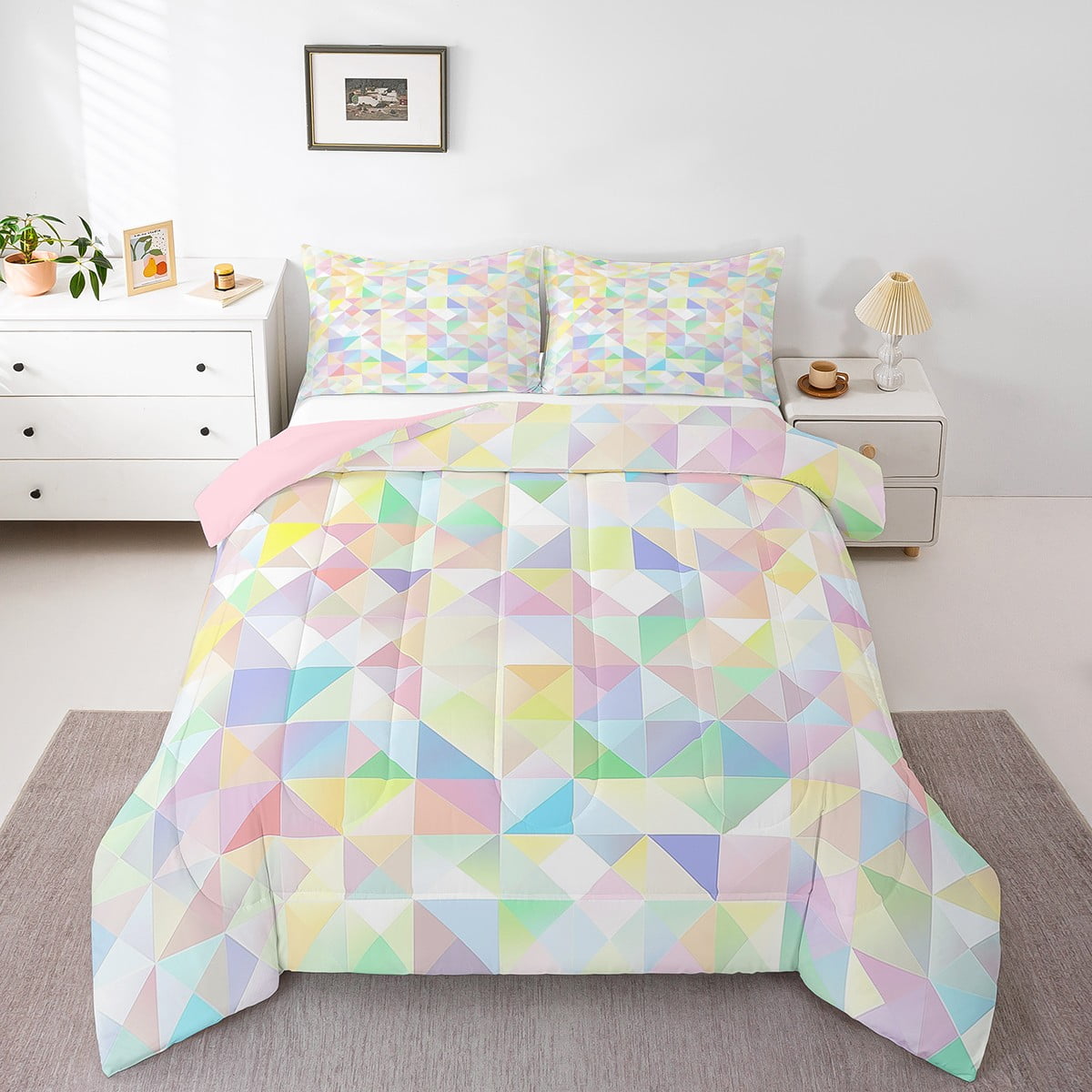 Geometric Triangle Bedding Set Abstract Rainbow Pattern Twin Down ...