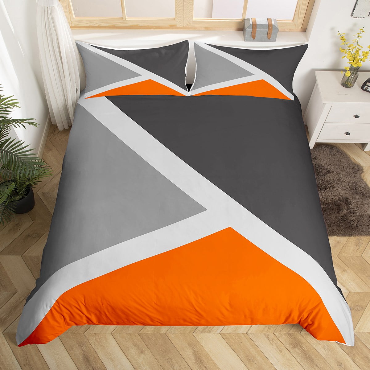 Geometric Triangle Comforter Cover,Orange Dark Grey Light Grey Bedding ...
