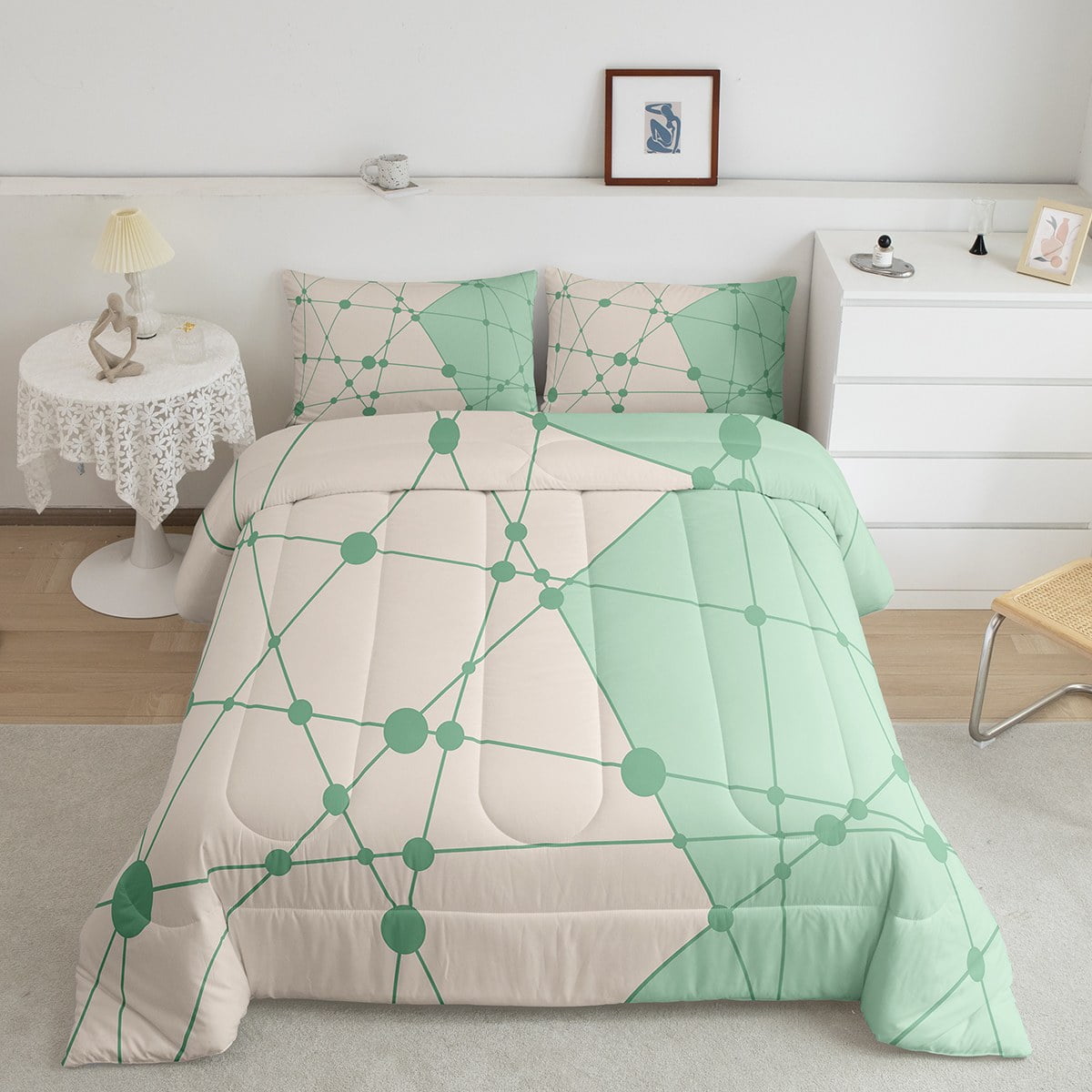 Geometric Triangle Comforter Set Queen Size, Green Beige Graphic ...