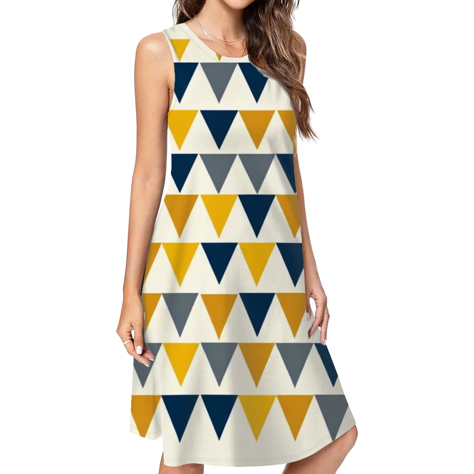 Geometric Triangle Pattern Design Gold Navy Gray Dress Loose Women'S ...