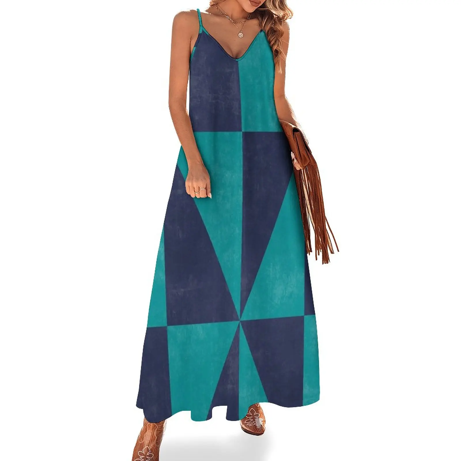 Geometric Triangle Pattern Turquoise Blue Concrete Sleeveless Dress ...