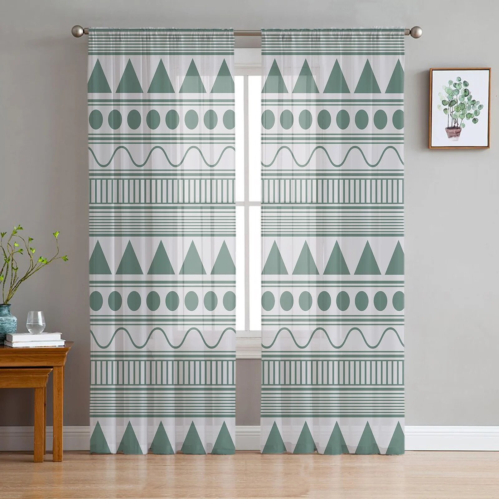 Geometric Triangle Ripple Green Tulle Curtains for Living Room Bedroom ...
