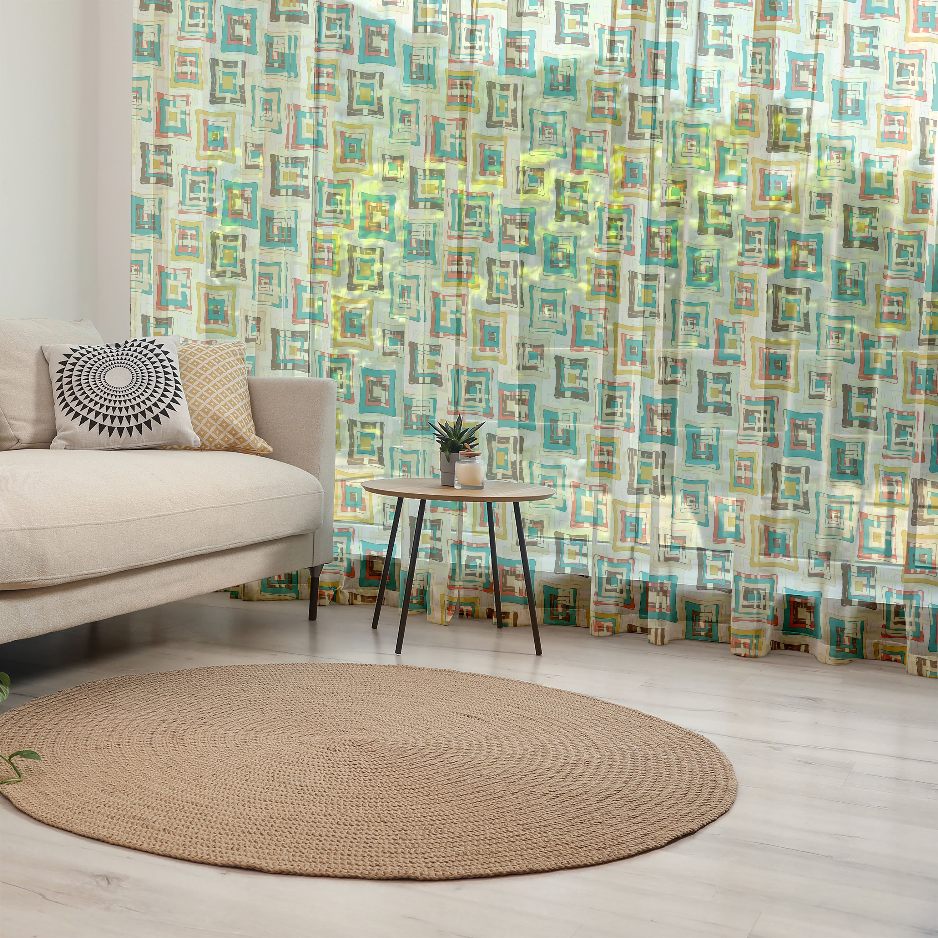 Geometric Tulle Curtains with Rod Pocket, Abstract Puzzle Style Trippy ...