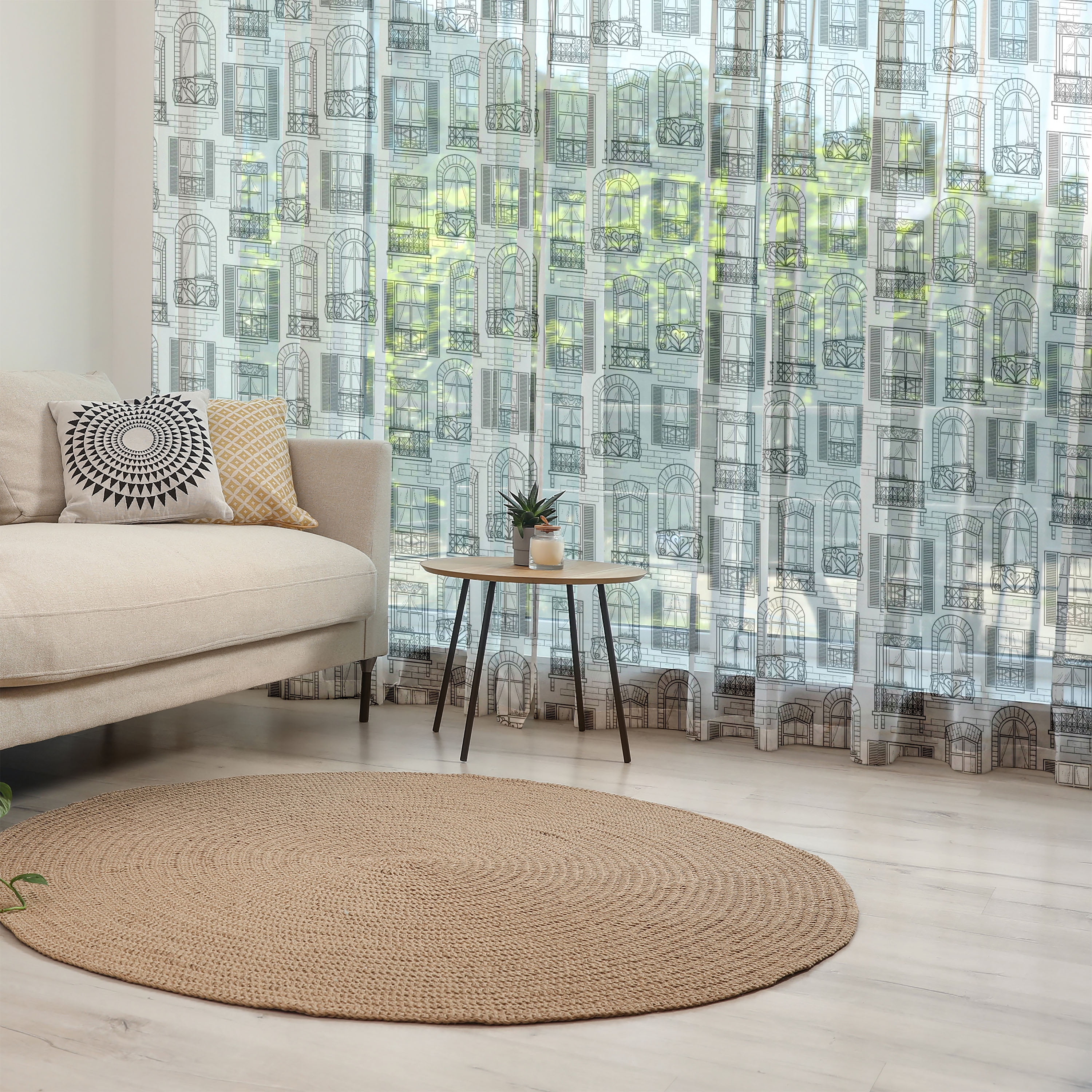 Geometric Tulle Curtains with Rod Pocket, Apartment Building Urban ...