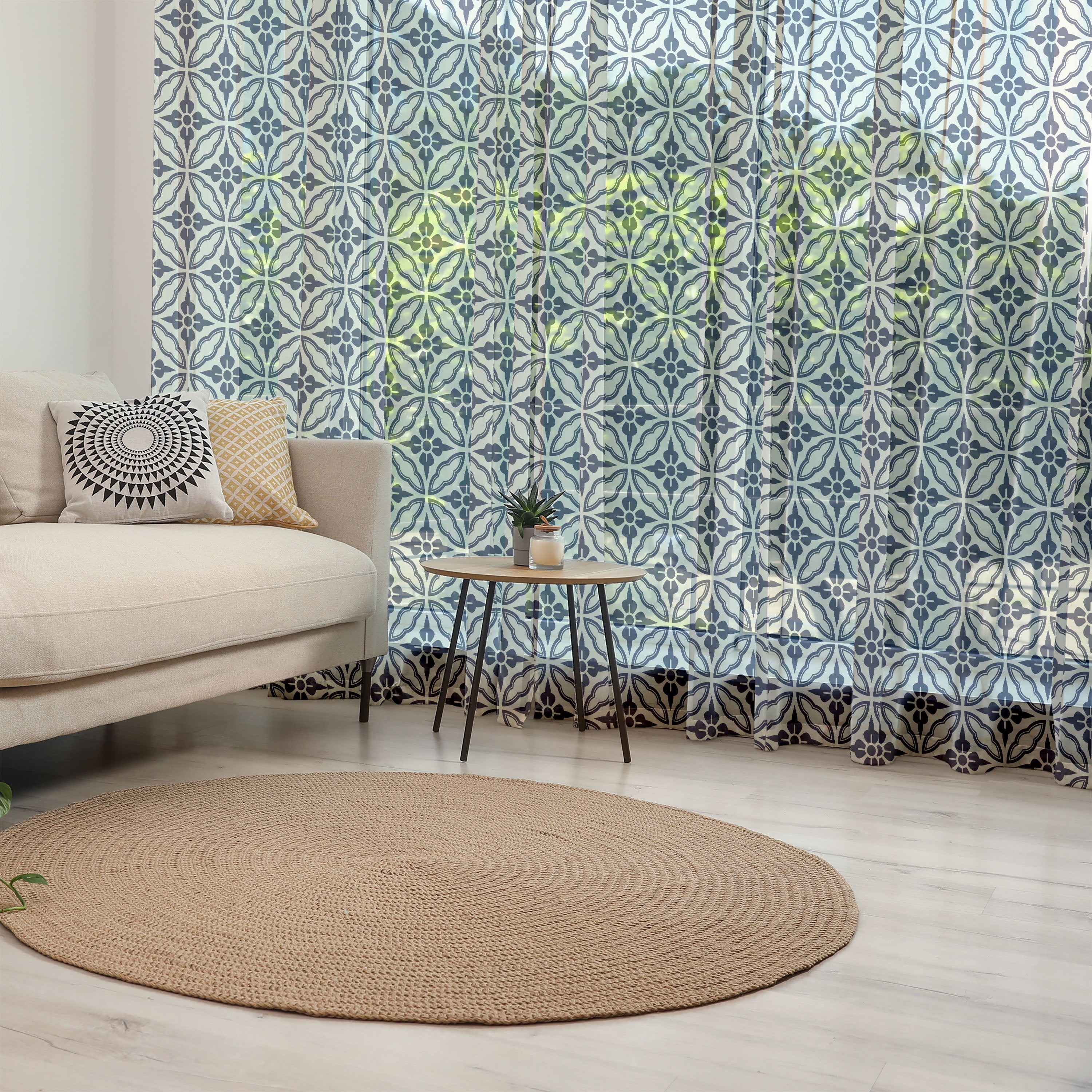 Geometric Tulle Curtains with Rod Pocket, Symmetrical Circular Pattern ...