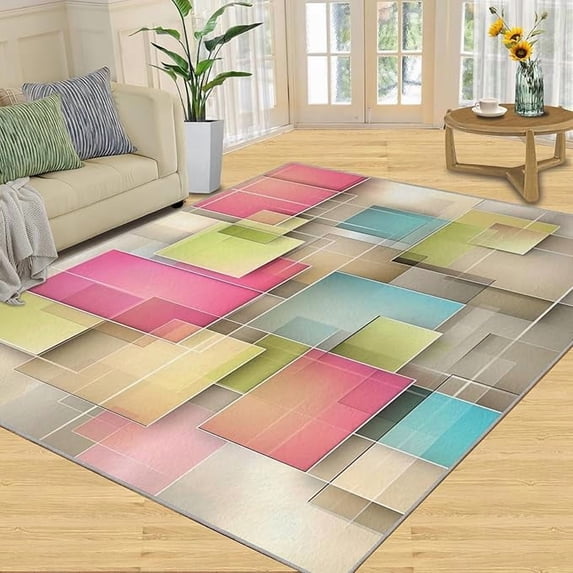 Geometric Washable Area Rugs, Non-Slip Colorful Blocks Living Room Rug ...