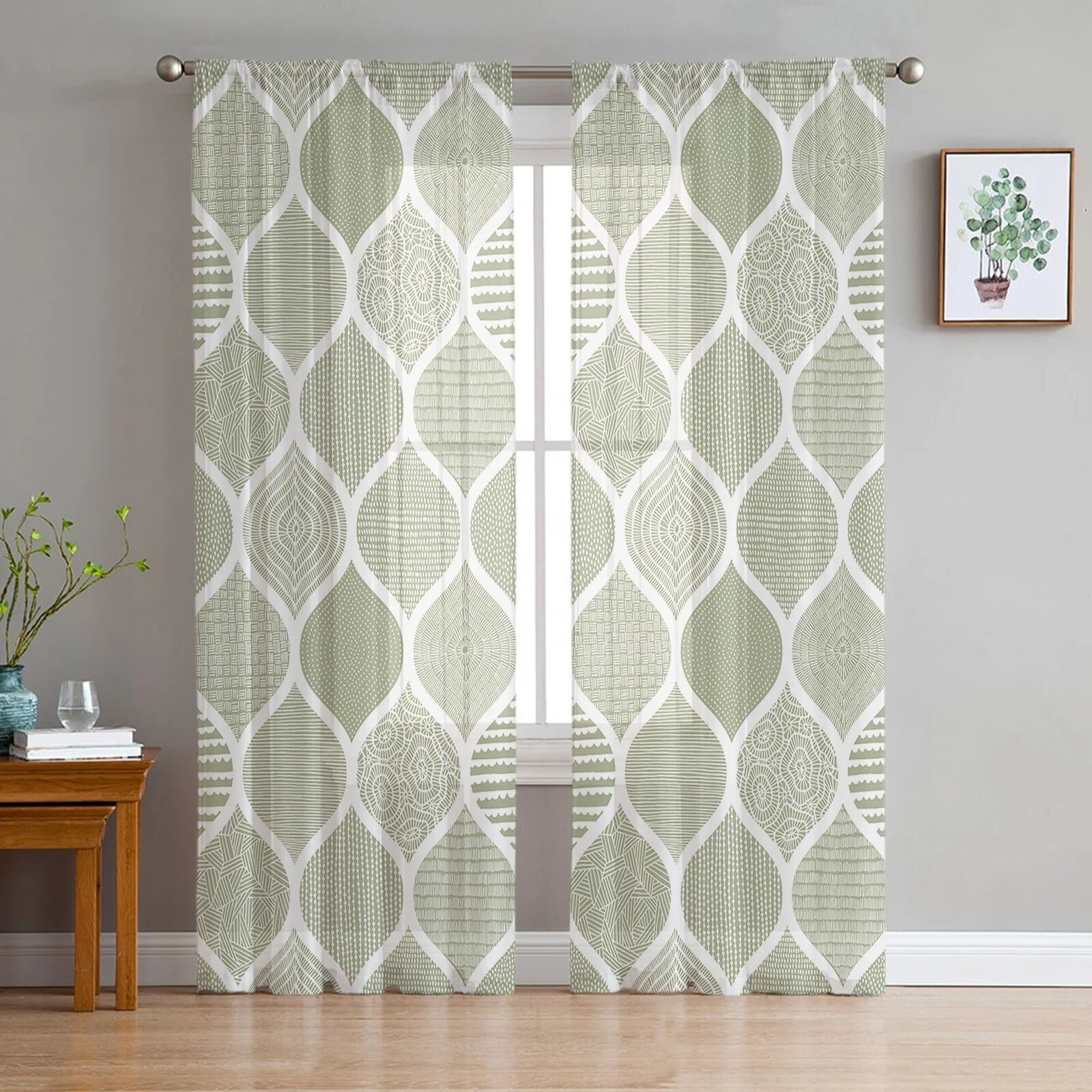 Geometric Watercolor Moroccan Texture Sage Green Tulle Drapes for ...