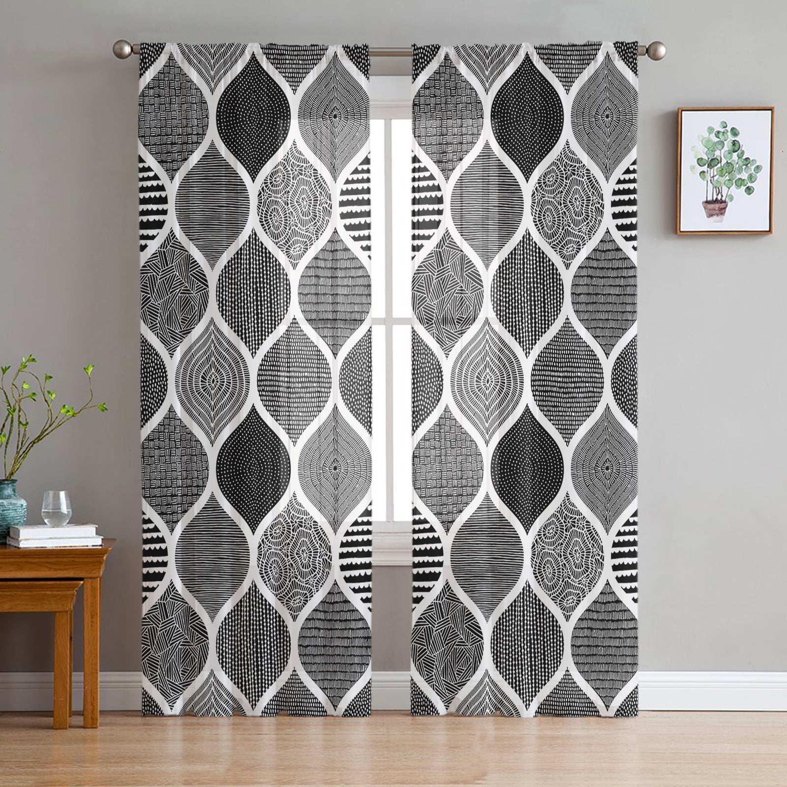 Geometric Watercolor Moroccan Texture Yellow Sheer Curtains For Living ...