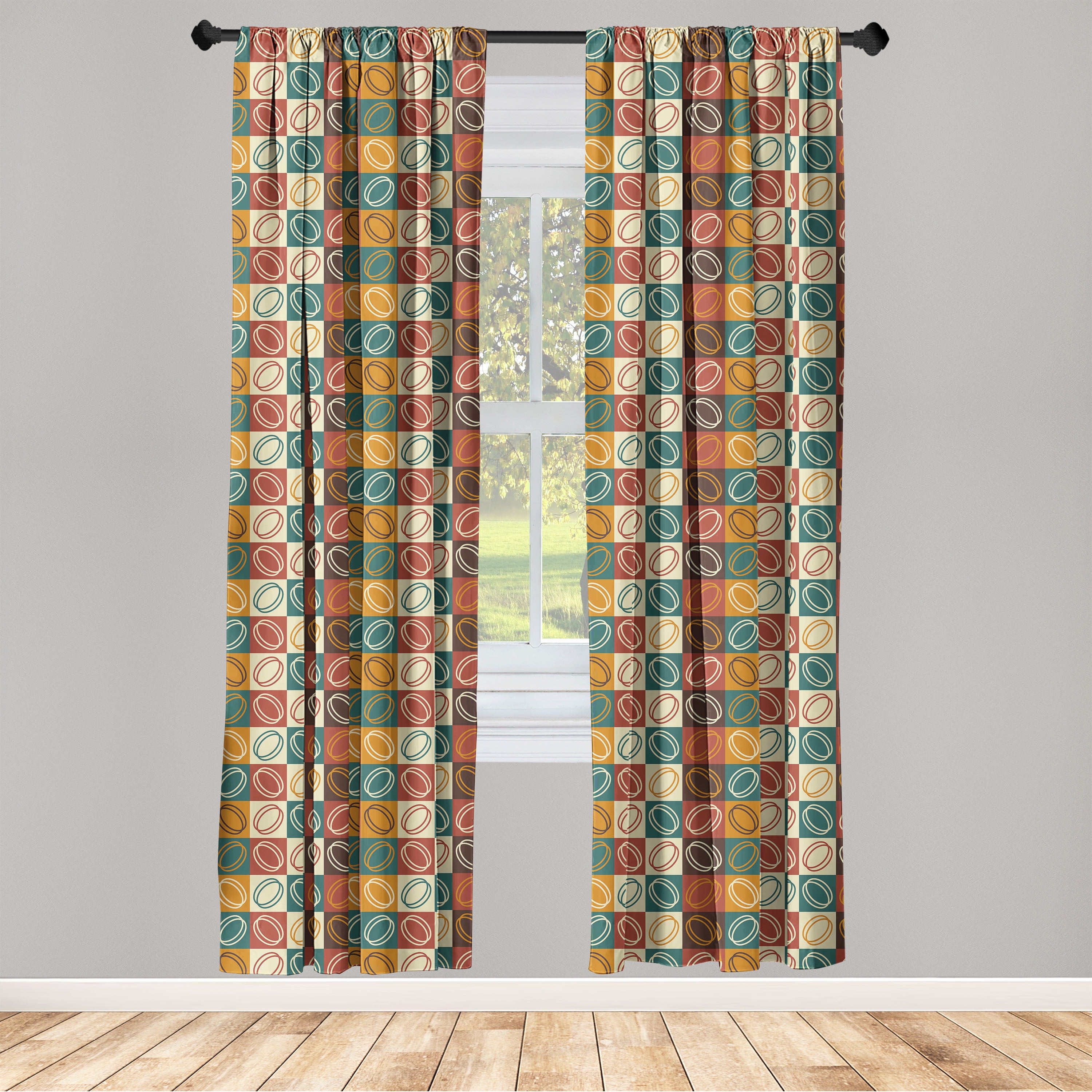 Geometric Window Curtains, Retro Pop Art Circles in Squares Abstract ...