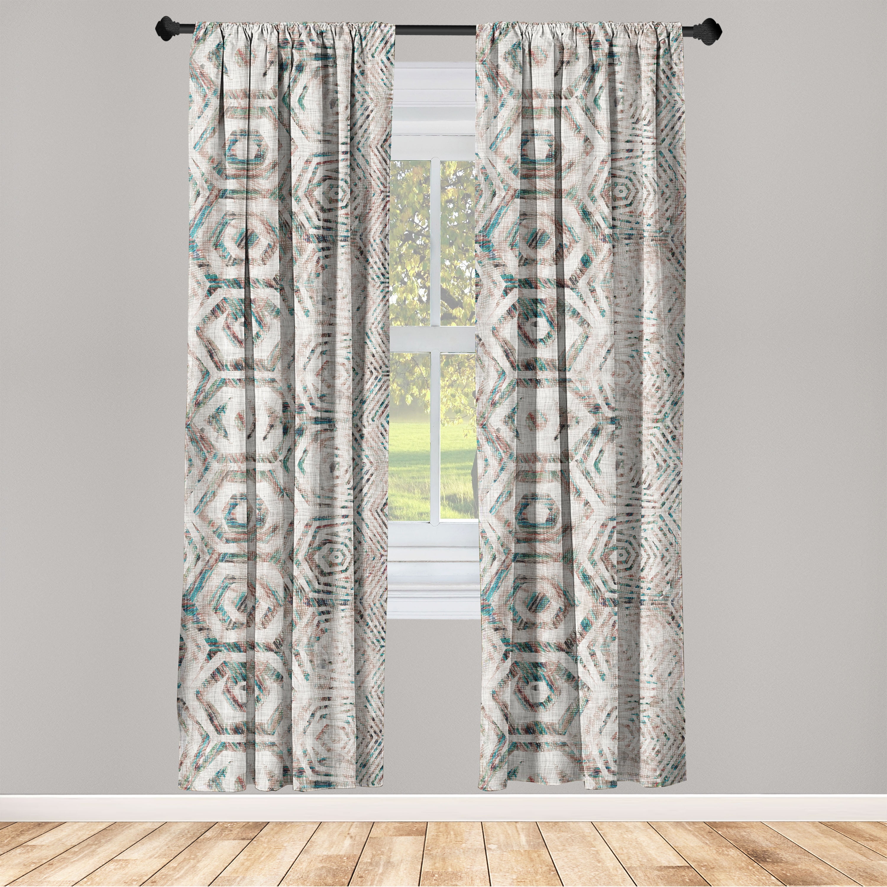 Geometric Window Curtains, Weathered Look Abstract Hexagons Delusion ...