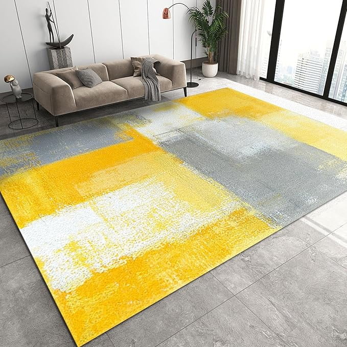 Geometric Yellow Gray Oil Painting Graffiti Living Room Rugs, Retro ...