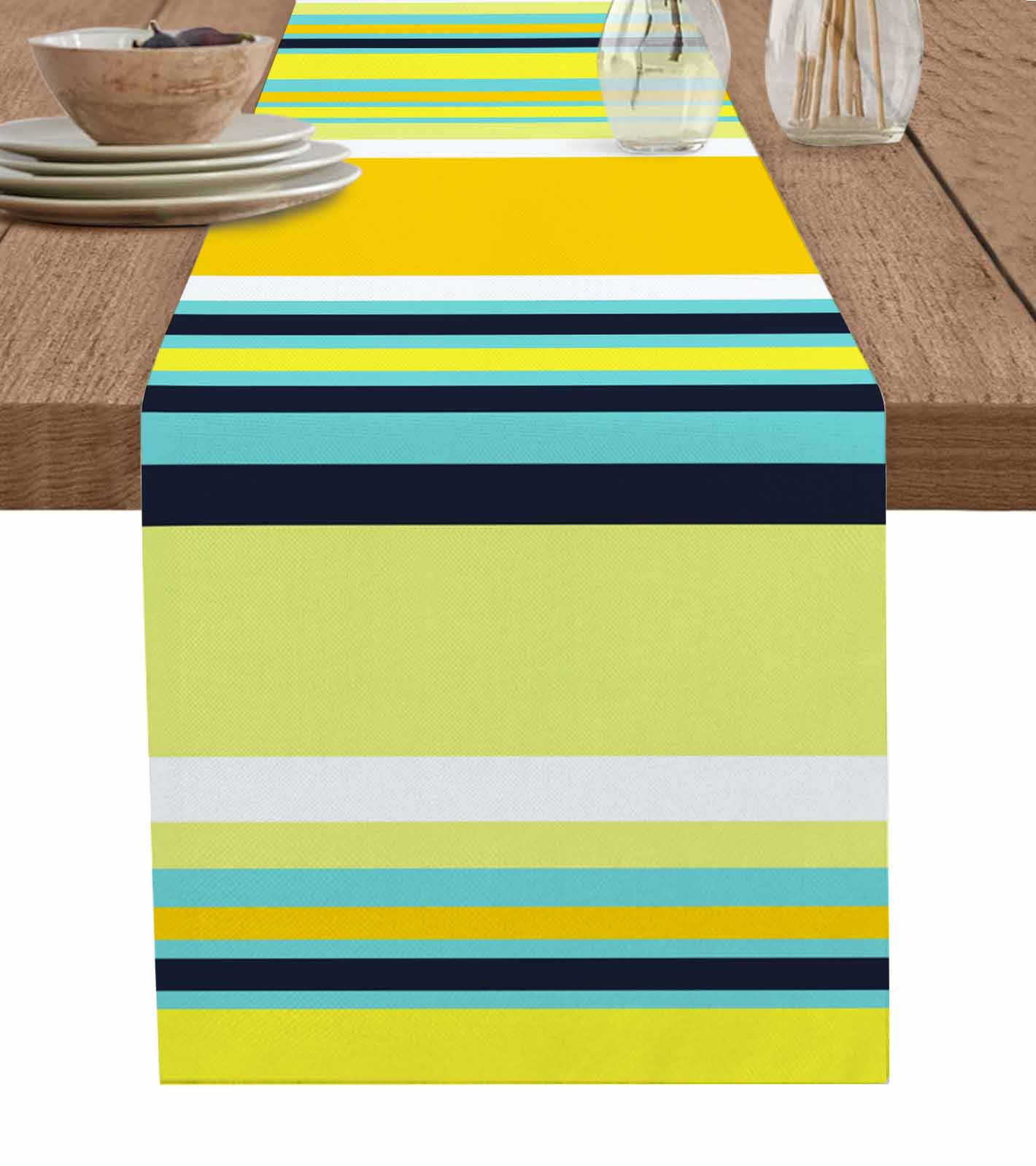Geometric Yellow Table Runner 36 Inches, Blue Vertical Stripes Modern ...