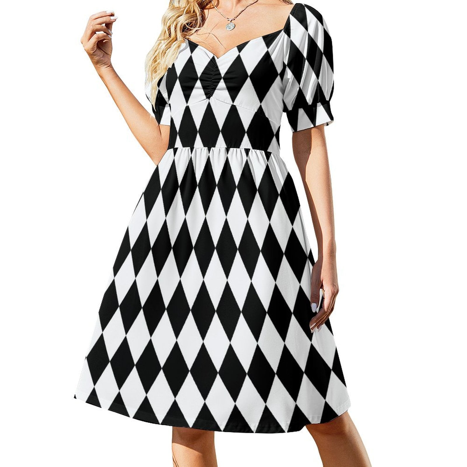 Geometric rhombus pattern black and white Short Sleeved Dress Female ...