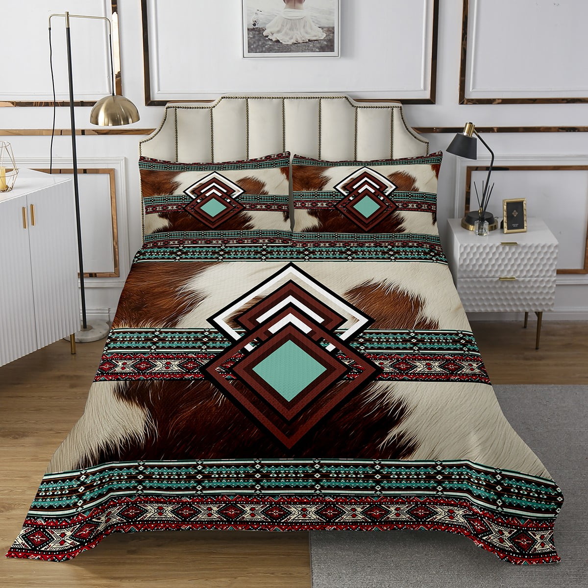 Geometry Aztec Bedspread Set Farm Animals Cowhide Quilt Set Queen ...