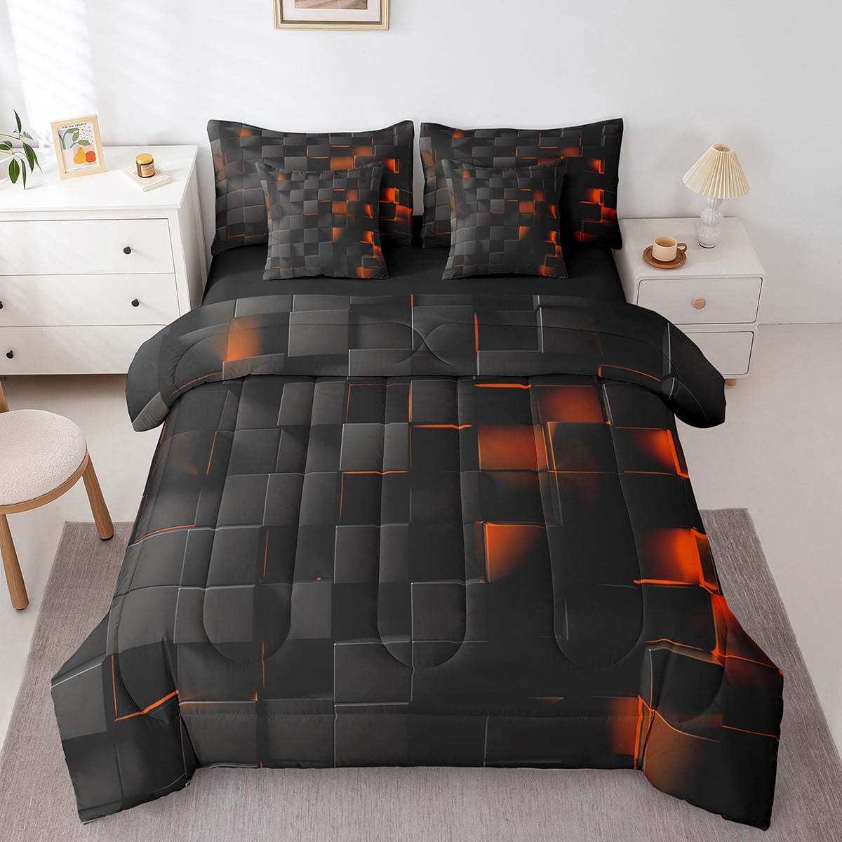 Geometry Bed in a Bag 7 Piece Full Orange Square Pattern Bedding ...